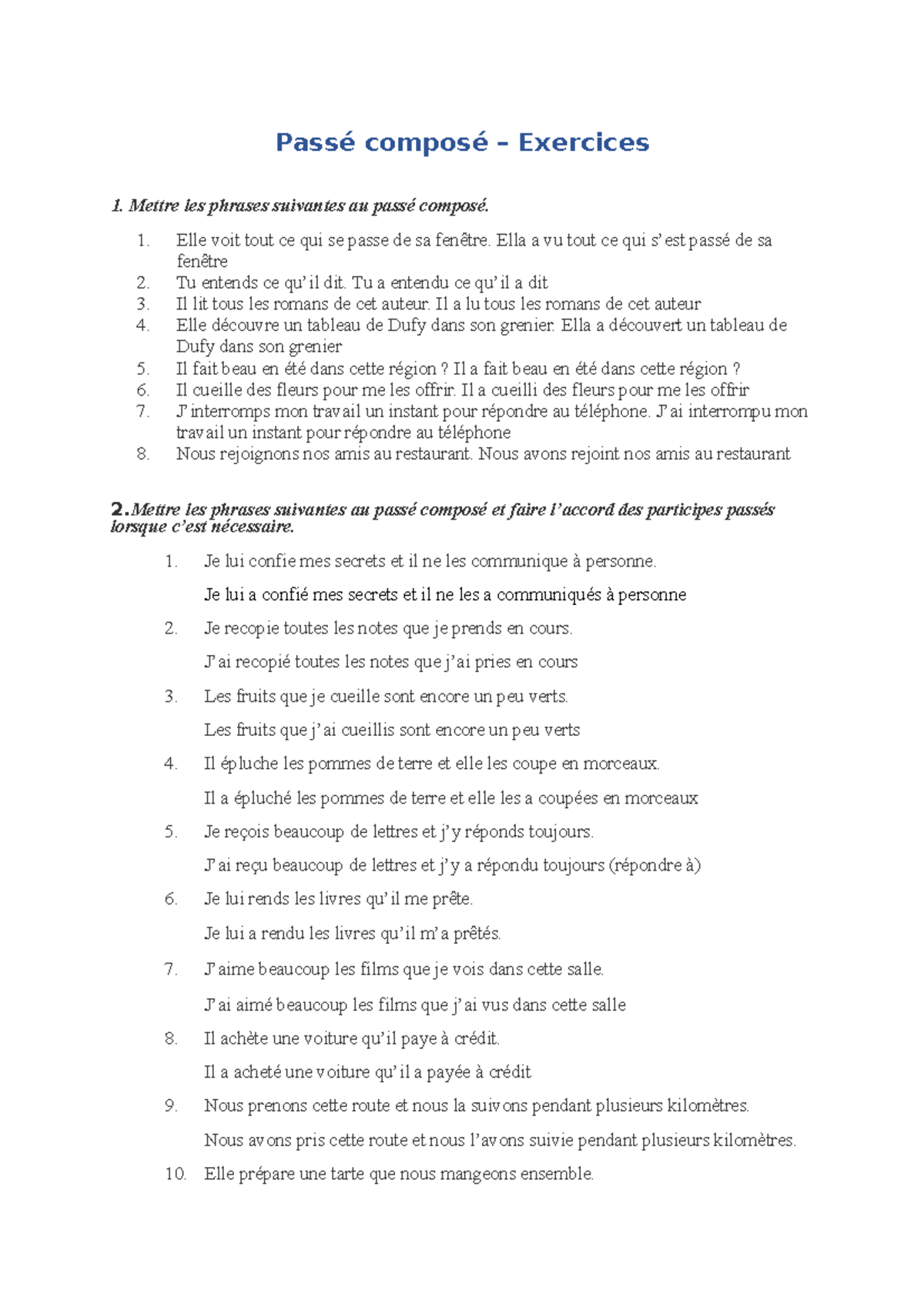Passé Composé Exercices Passé Composé Exercices 1 Mettre Les