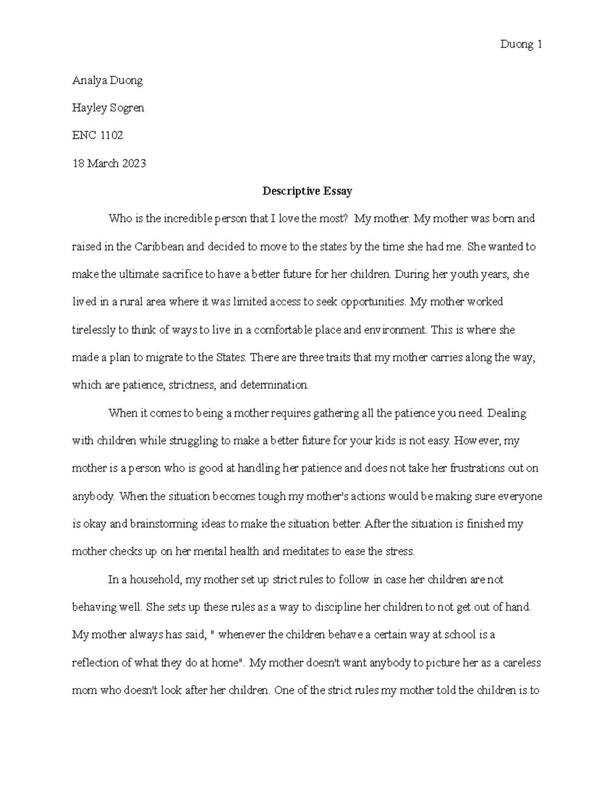 Essay 2 - What I have learned so far in that class. - Duong 1 Analya ...
