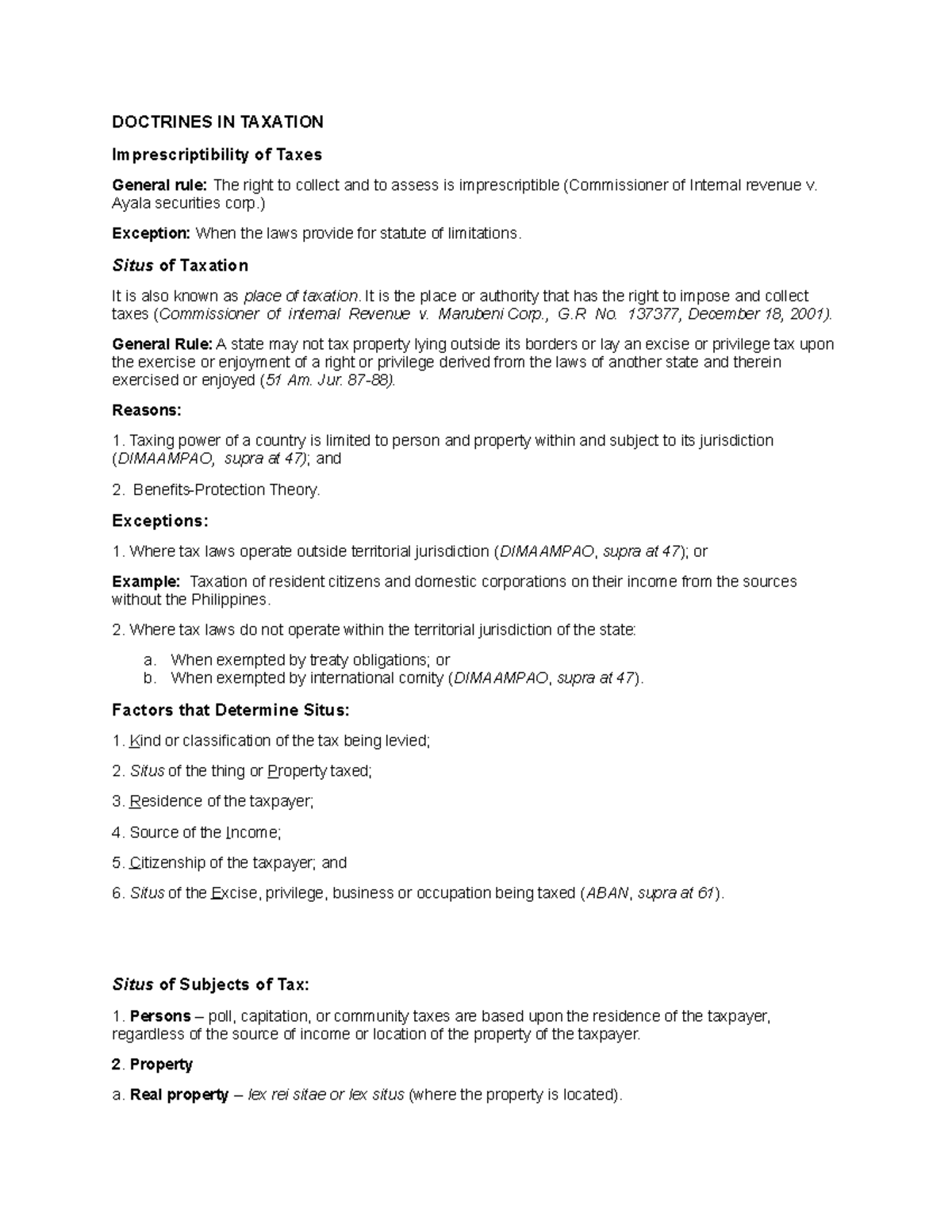 Taxation - note - DOCTRINES IN TAXATION Imprescriptibility of Taxes ...