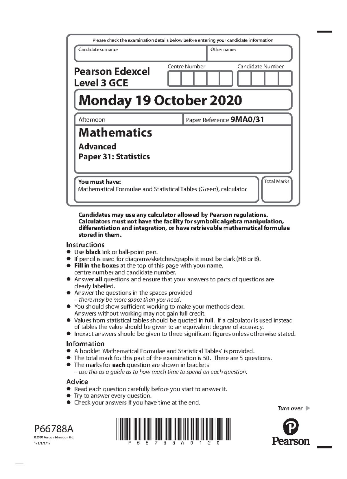 Edexcel A level October 2020 Maths Paper 31 - P66788A0120 Turn over ...