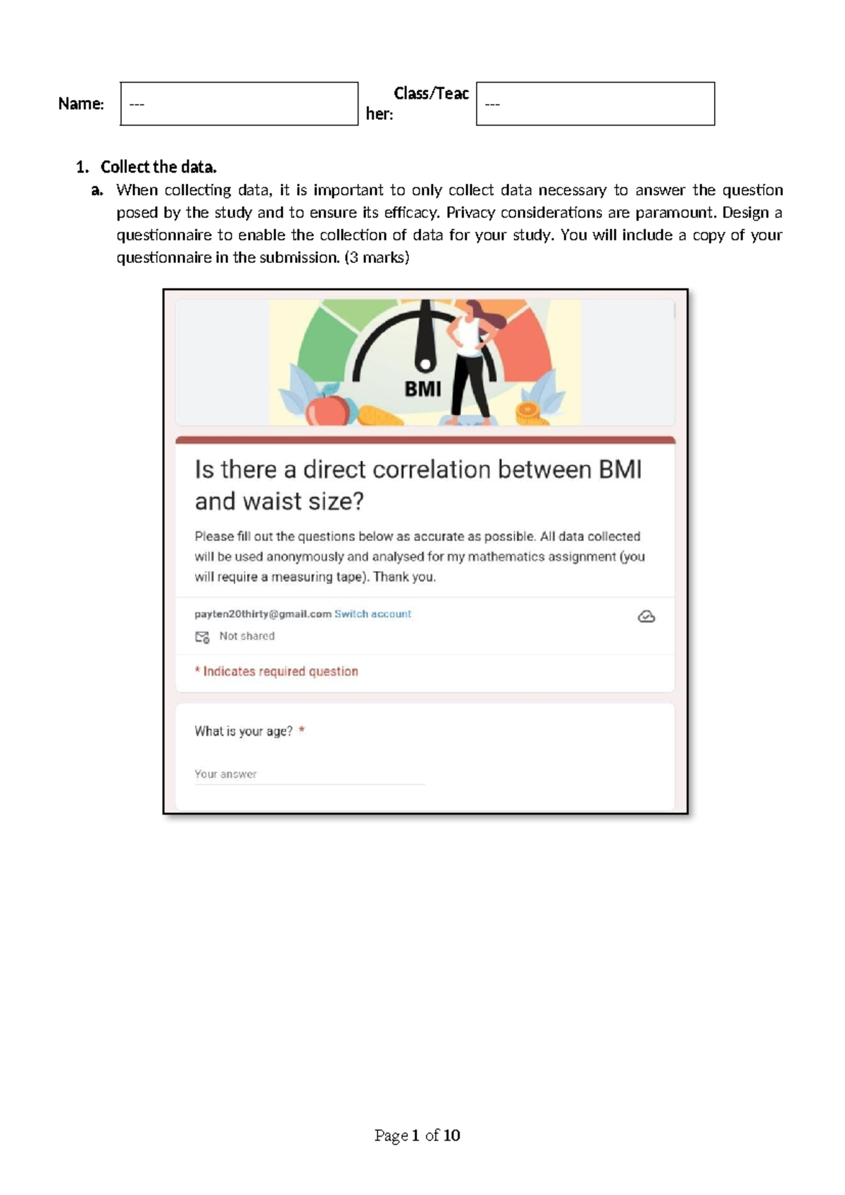 BMI Research Assignment - Name: - Class/Teac her: - 1. Collect the data ...