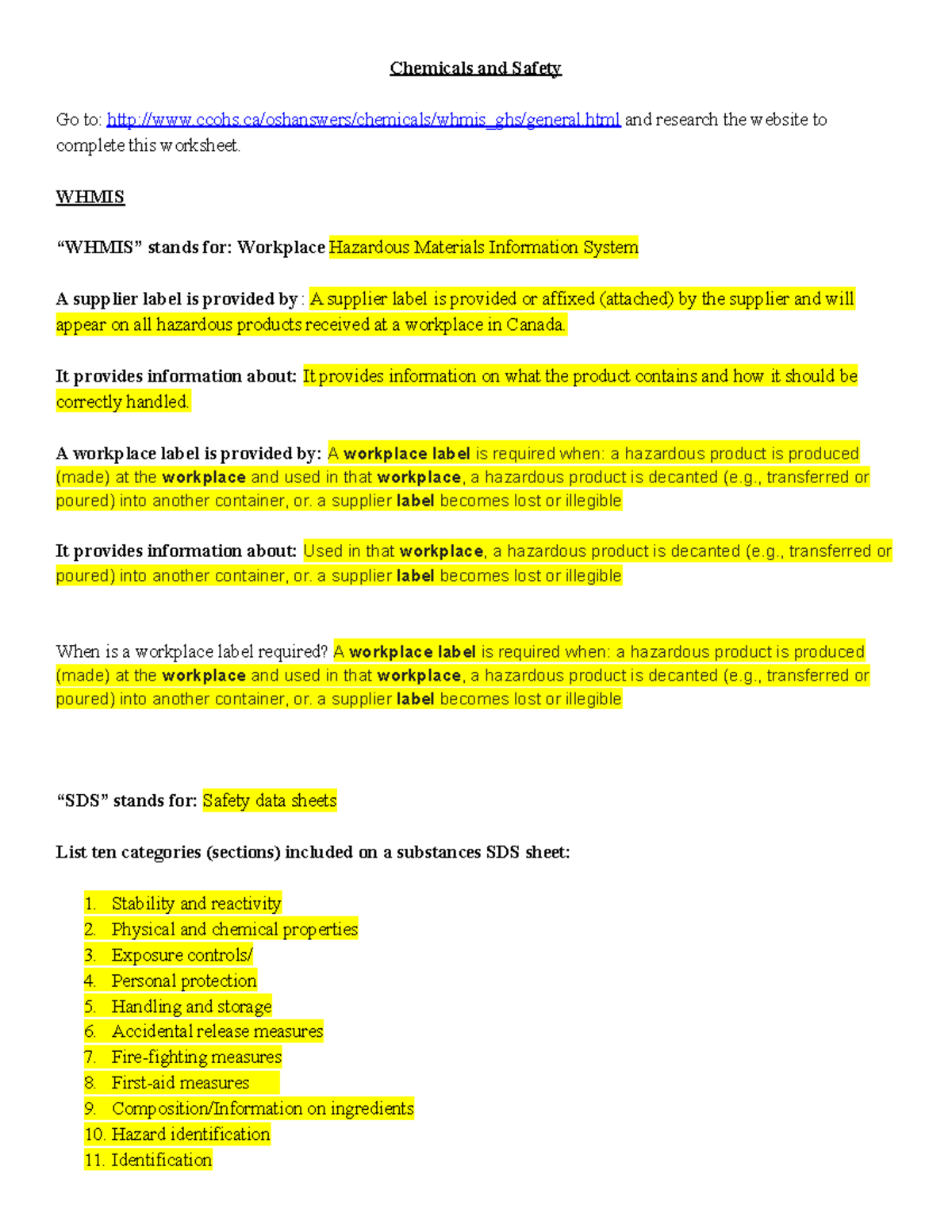 Biochem Safety Worksheet - Chemicals and Safety Go - Studocu