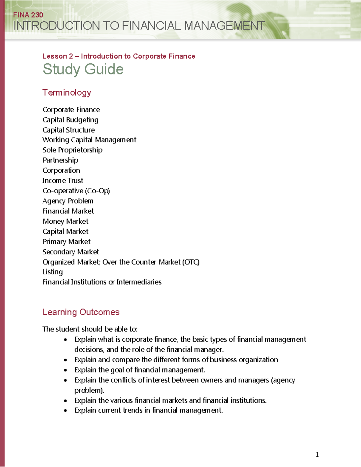 230 Study guides - fina - INTRODUCTION TO FINANCIAL MANAGEMENT Lesson 2 ...