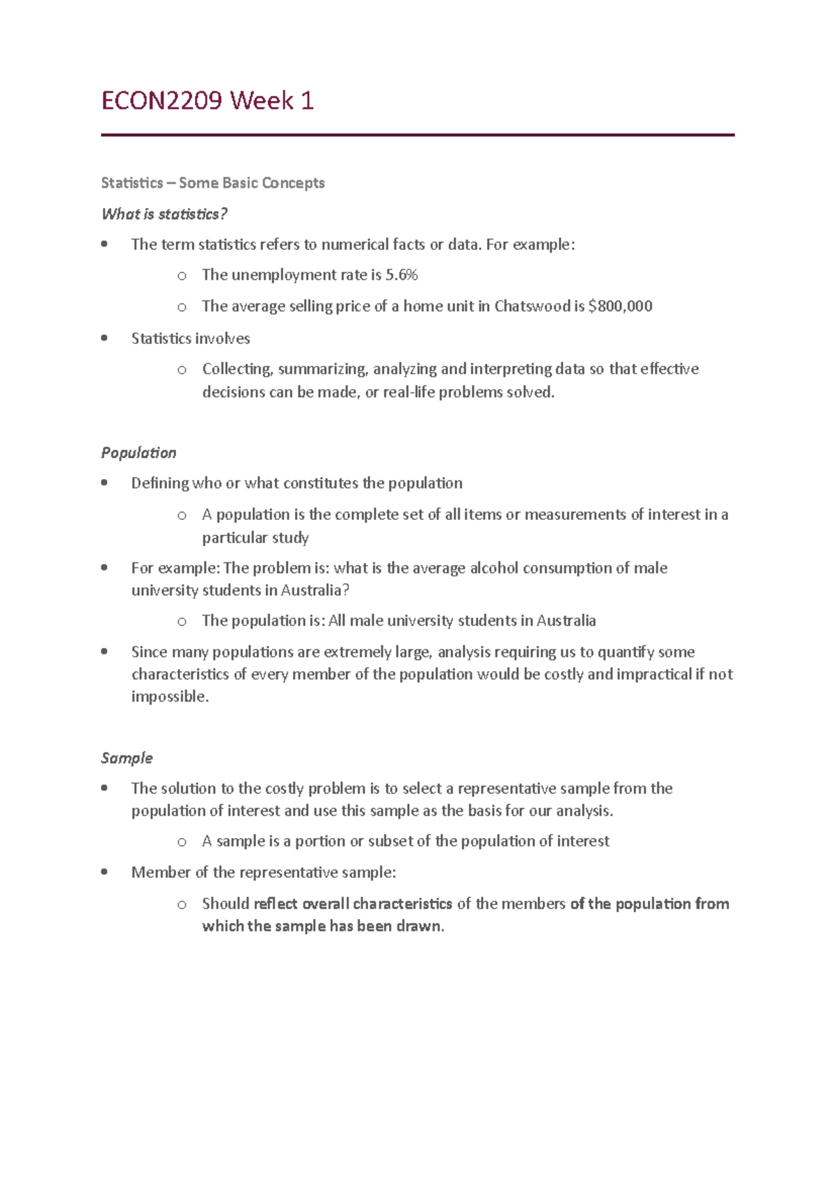 ECON2209 Notes from the year 2019/2020 - ECON2209 Week 1 Statistics ...
