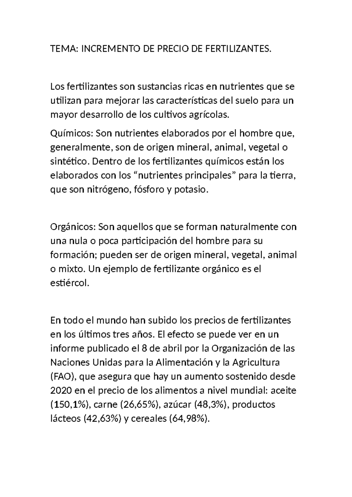 TEMA - mjjhmmj - TEMA: INCREMENTO DE PRECIO DE FERTILIZANTES. Los ...