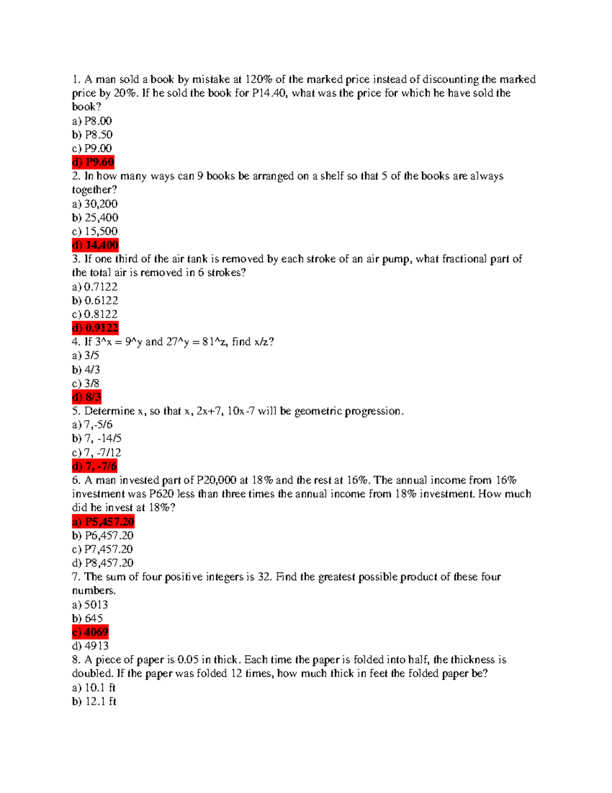 Sample/practice exam - A man sold a book by mistake at 120% of the ...