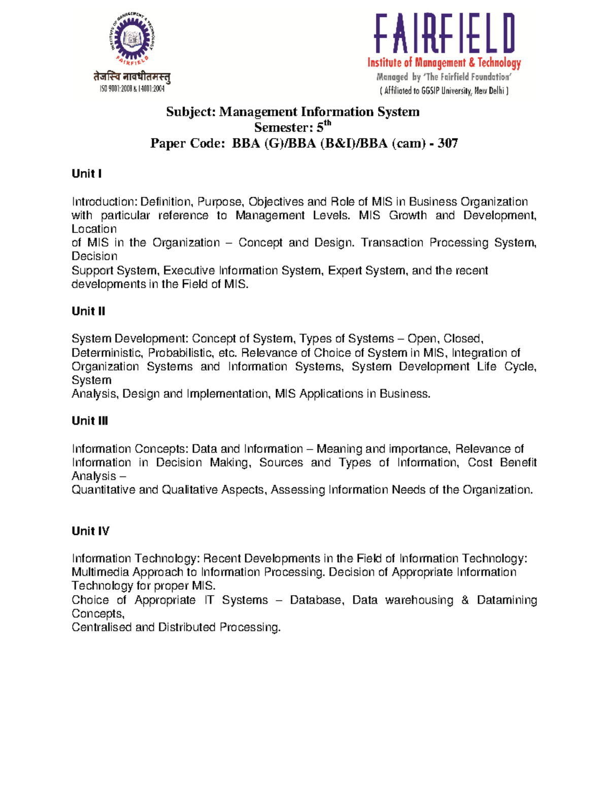 Bca302 - Subject: Management Information System Semester: 5th Paper ...