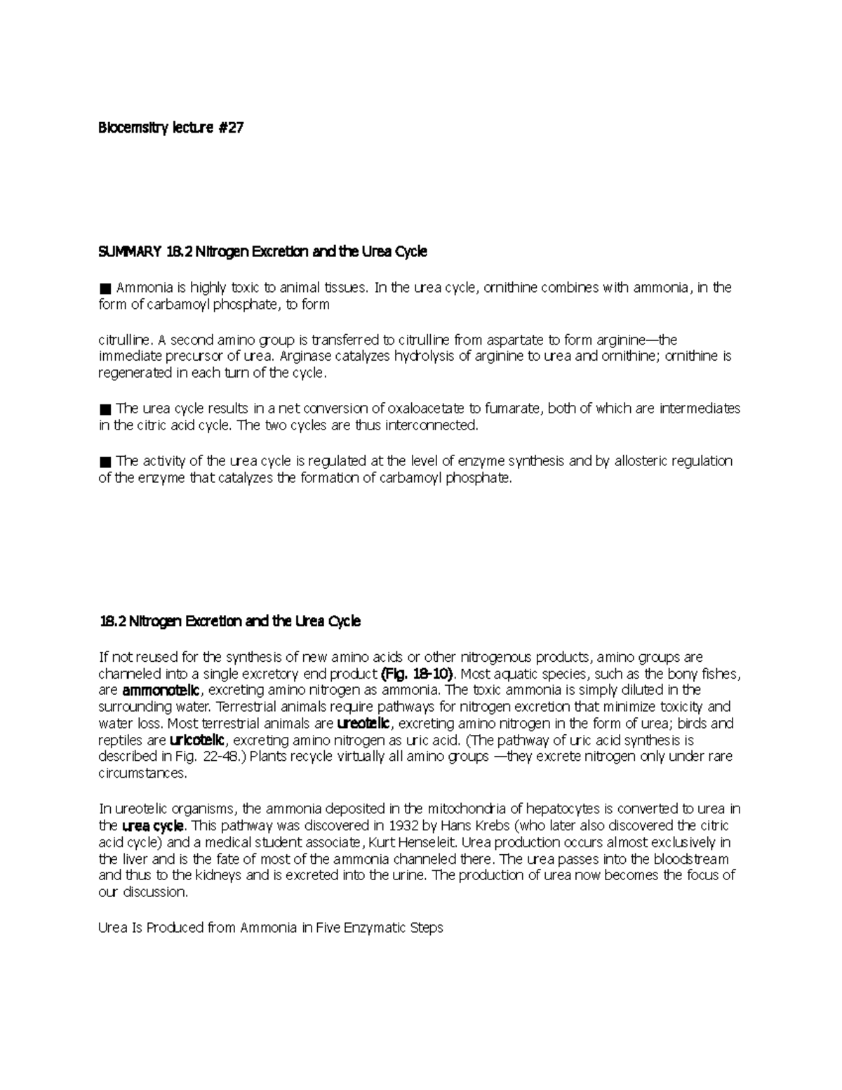 Chapter 18.2 - Nitrogen Excretion and the Urea Cycle Lecture #27 ...