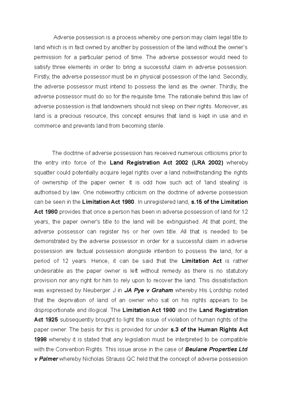 English Land Law - Criticisms of the Law of Adverse Possession ...