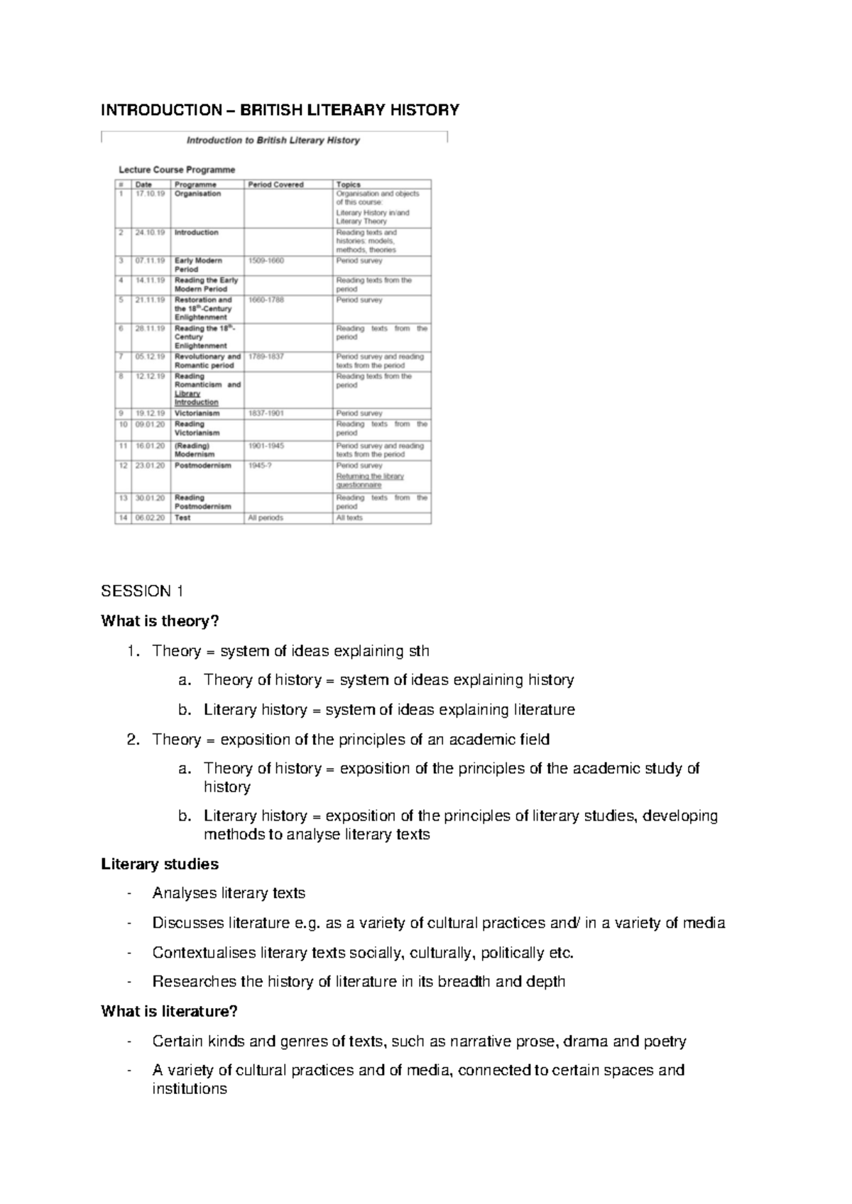 Summary of lessons - INTRODUCTION – BRITISH LITERARY HISTORY SESSION 1 ...