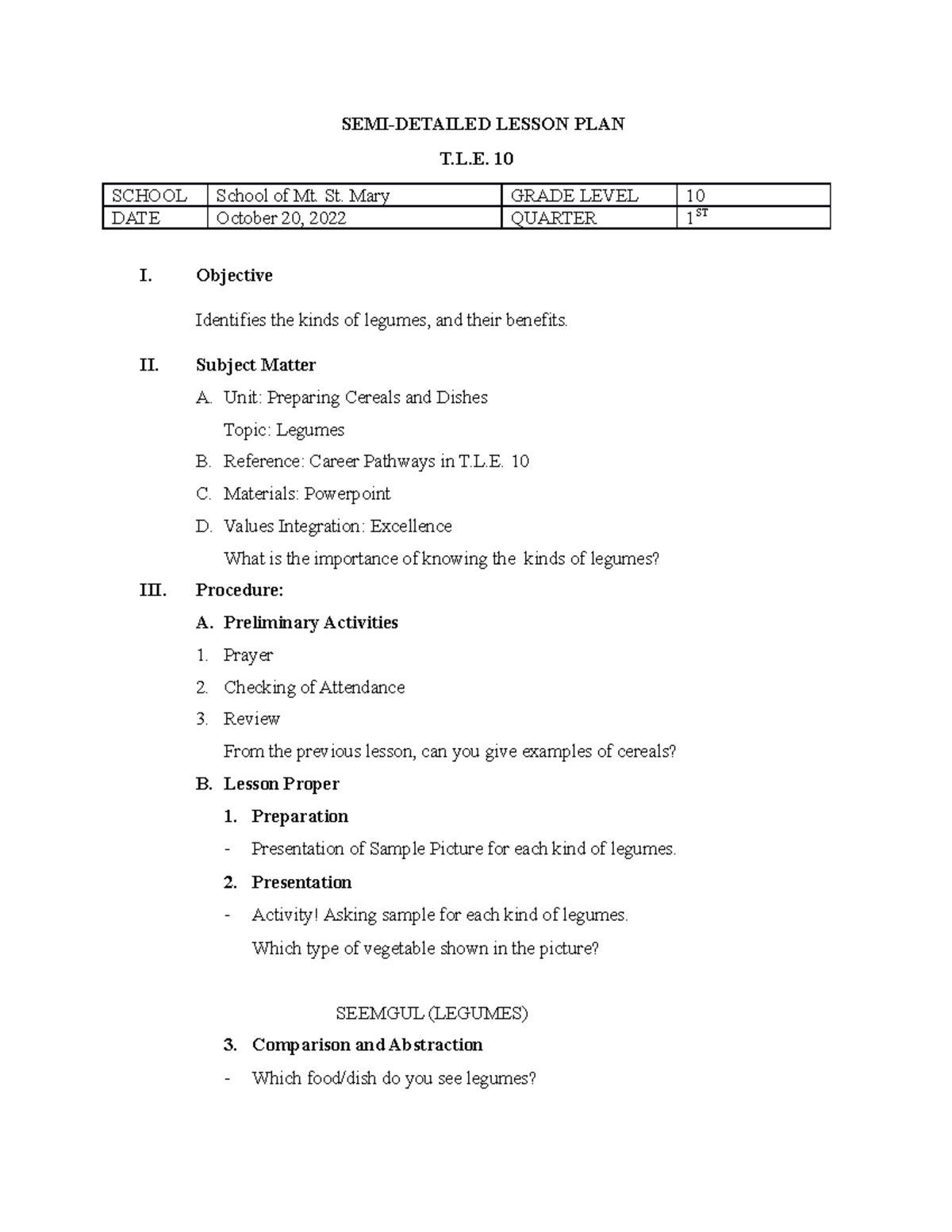 Semi-Detailed Lesson Plan - TLE - SEMI-DETAILED LESSON PLAN T. 10 ...