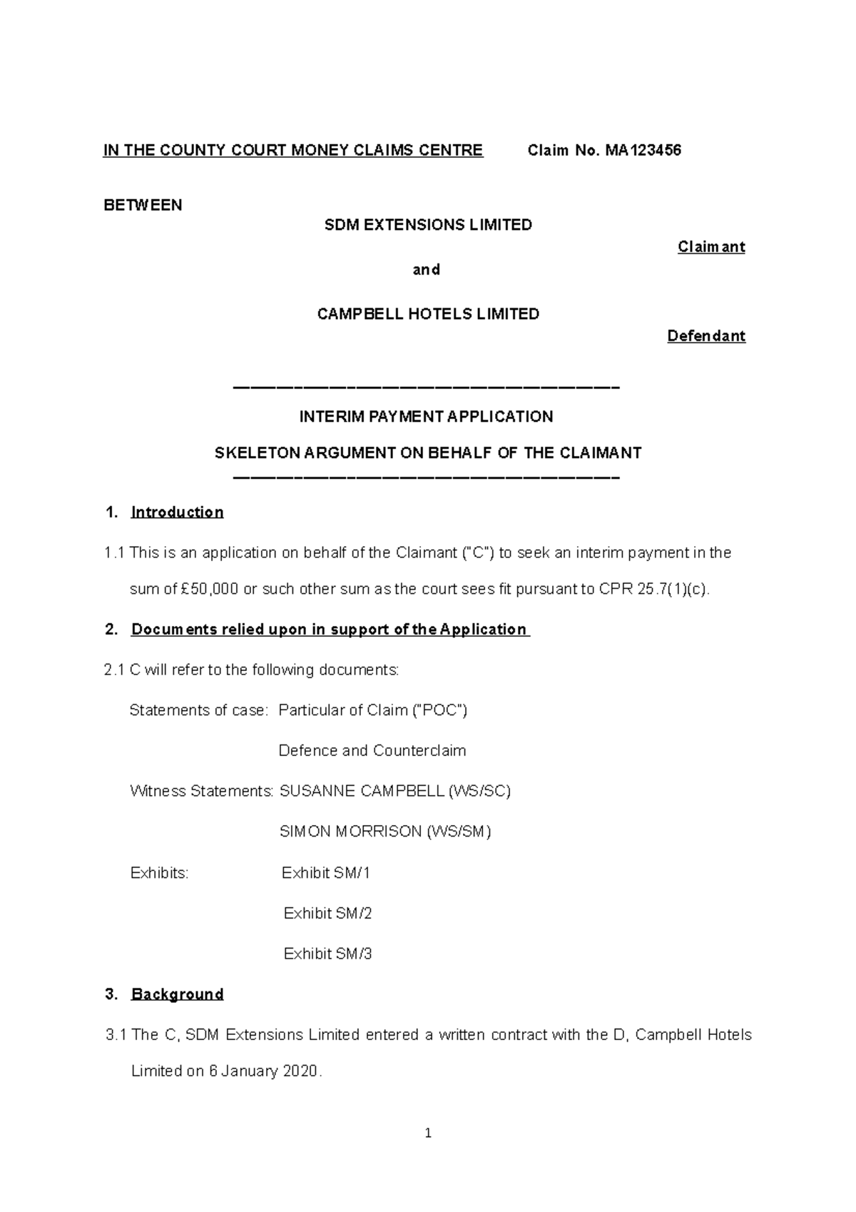 Skeleton Argument Assessment IN THE COUNTY COURT MONEY CLAIMS