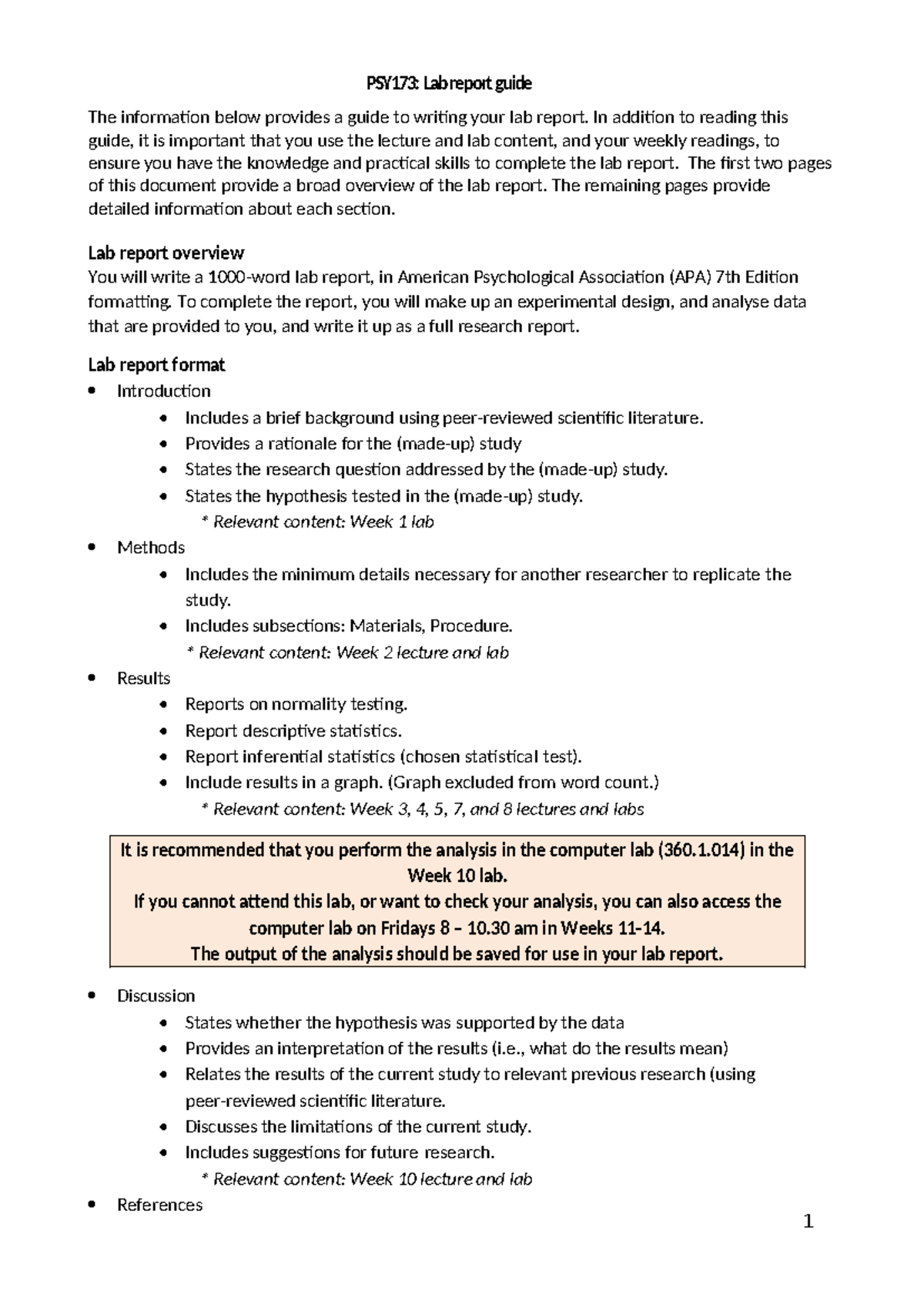 Lab Report Guide - PSY173: Lab report guide The information below ...