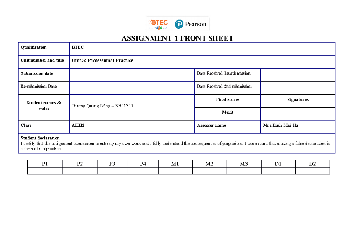 BH01390 Assignment 1 frontsheet - ASSIGNMENT 1 FRONT SHEET ####### Qualification BTEC Unit ...