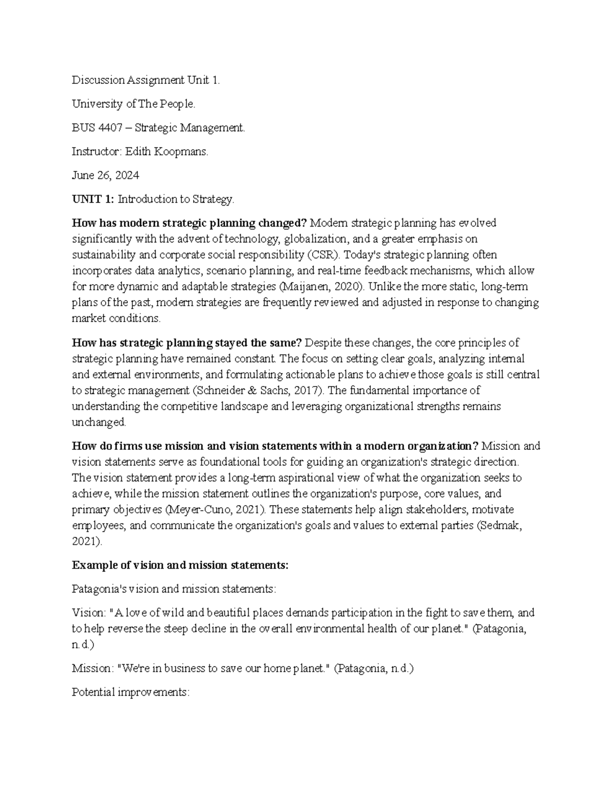 Discussion Assignment Unit 1 - University of The People. BUS 4407 – Strategic Management. - Studocu