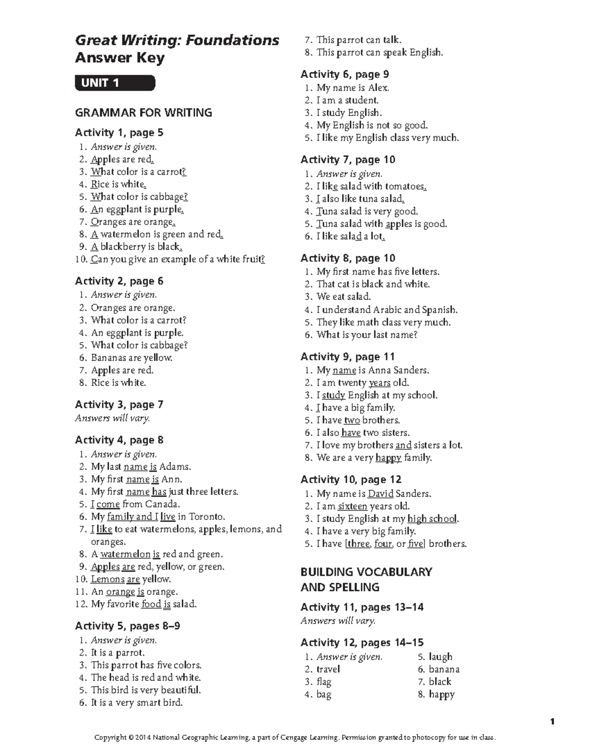 Great Writing Foundations - Answer Key - 1 This parrot can talk. This ...