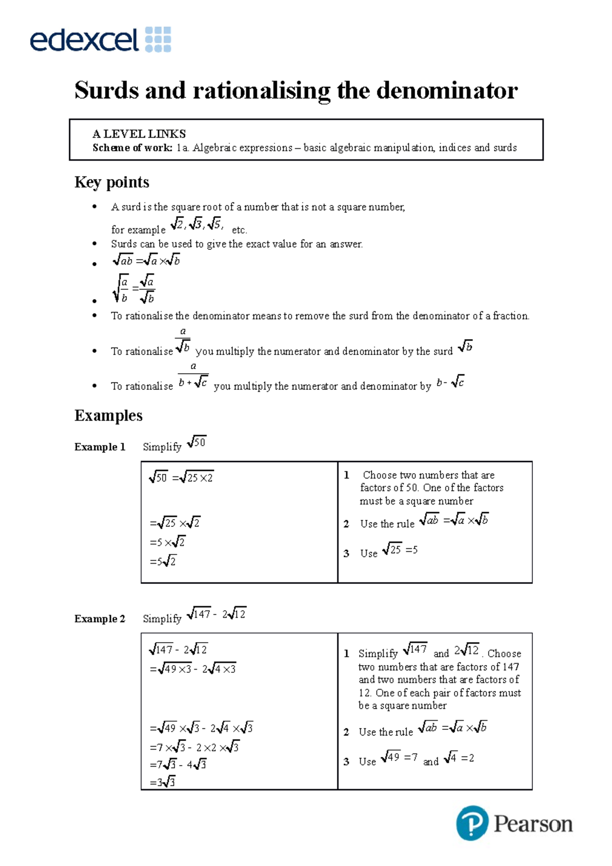 1a-2 Surds - Surds and rationalising the denominator A LEVEL LINKS ...