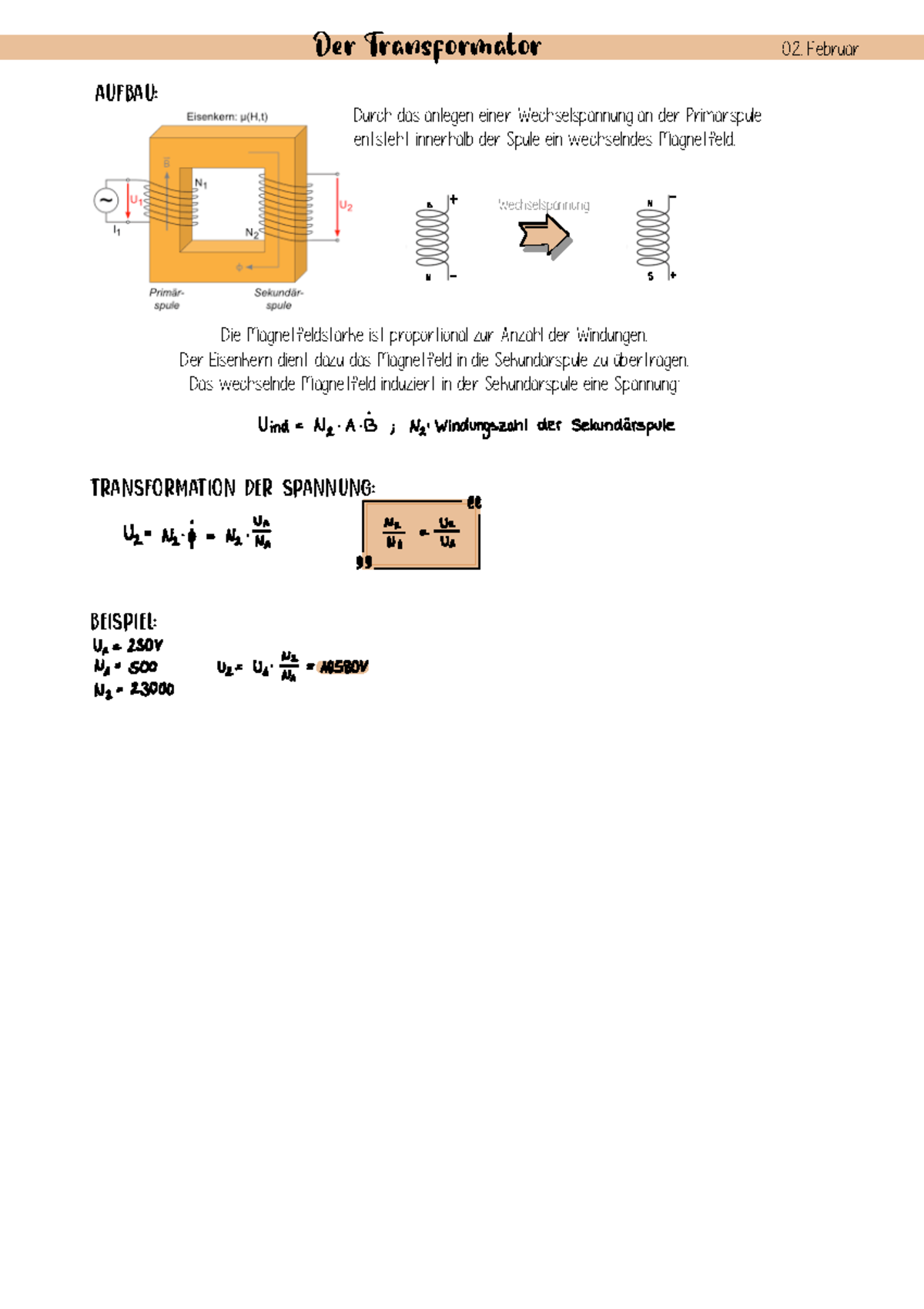 Transformator - Hefteintrag - Physik - Der Transformator Aufbau: 02 ...