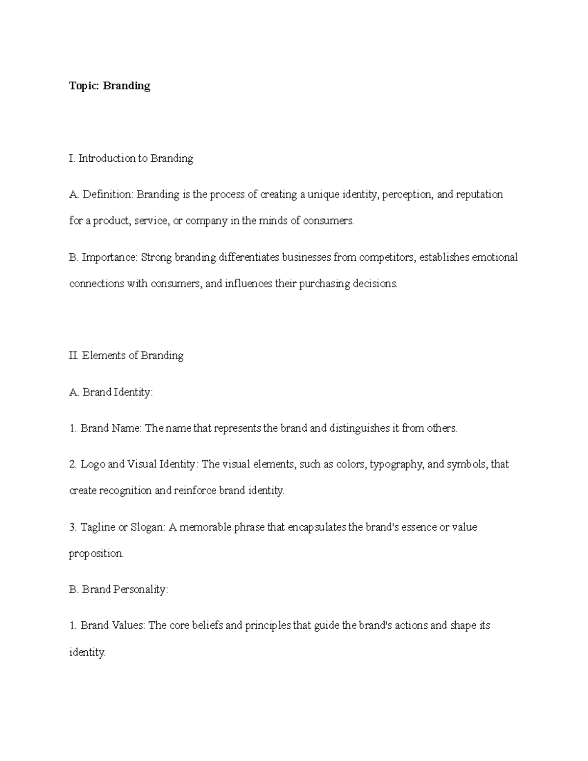 Branding - Topic: Branding I. Introduction to Branding A. Definition ...