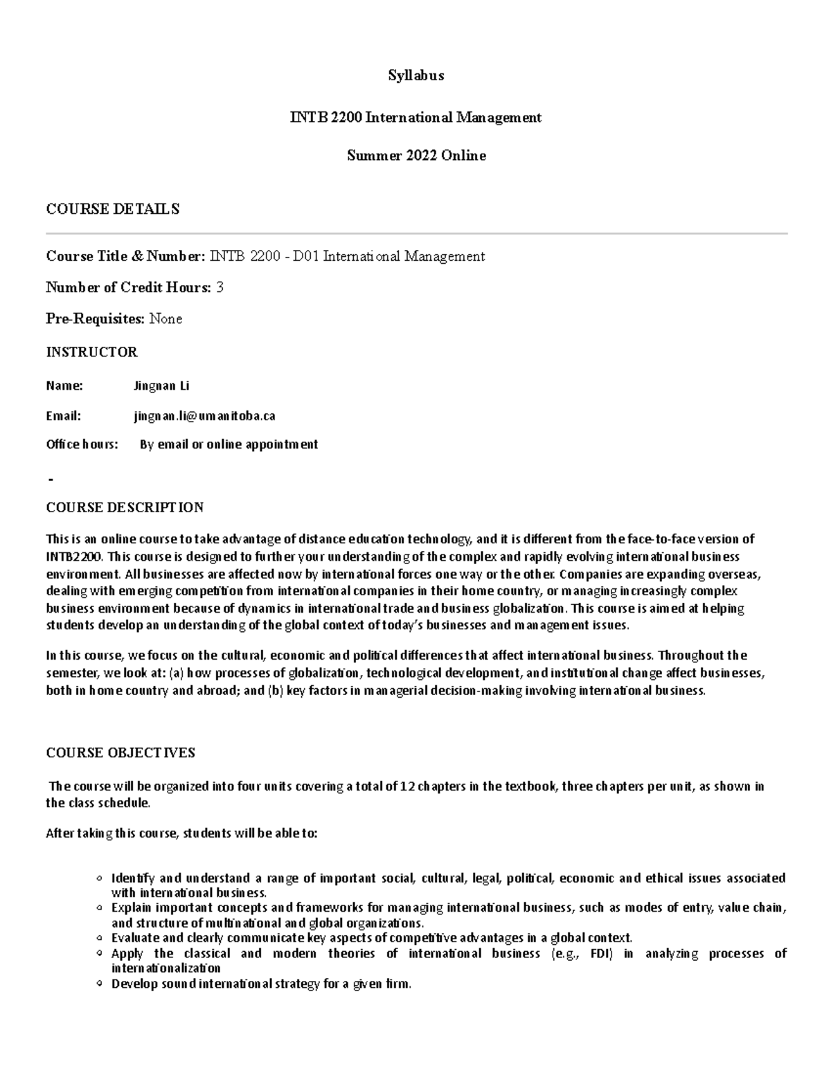 INTB 2200 D01 Outline - his is an online course to take advantage of ...