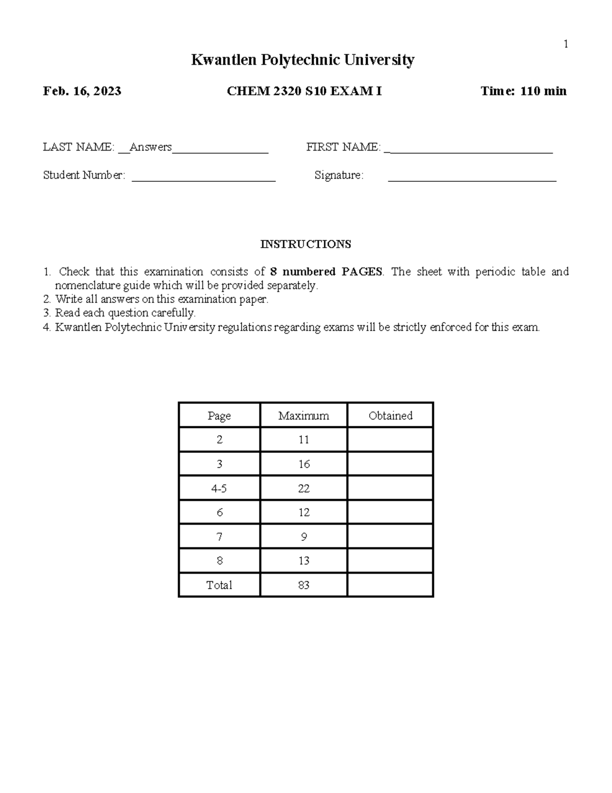 2320TT1 2023S ans - chemsitry - Kwantlen Polytechnic University Feb. 16 ...