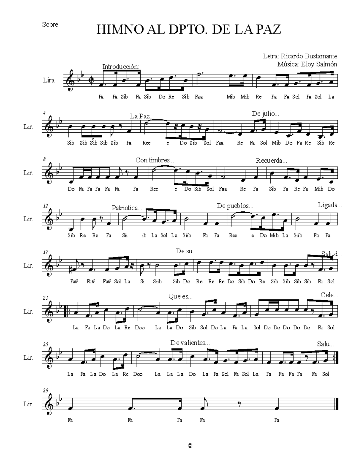 Himno A LA PAZ (LIRA) - % α α Lira Β œ − œ œ − œ œ − œ œ − œ Fa Fa Sib ...