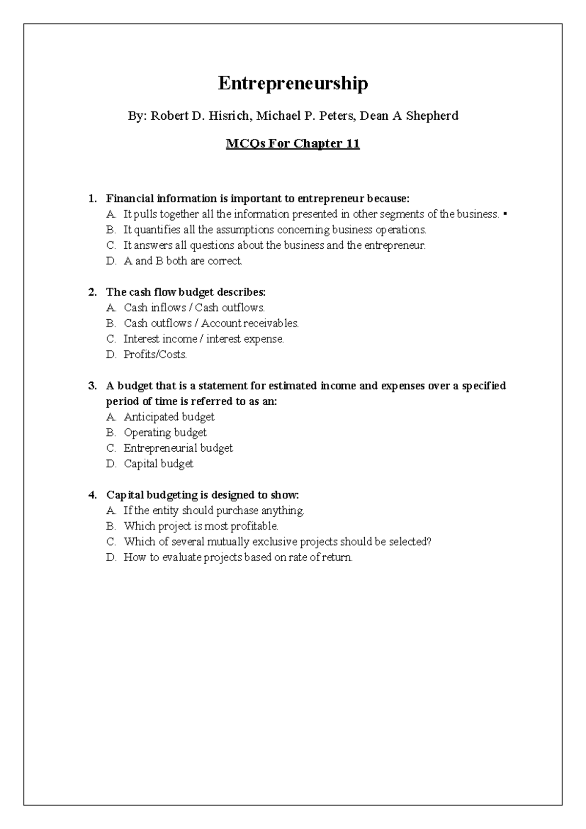 Entrepreneurship by Hisrich MCQS Chapter 11 - Entrepreneurship By ...