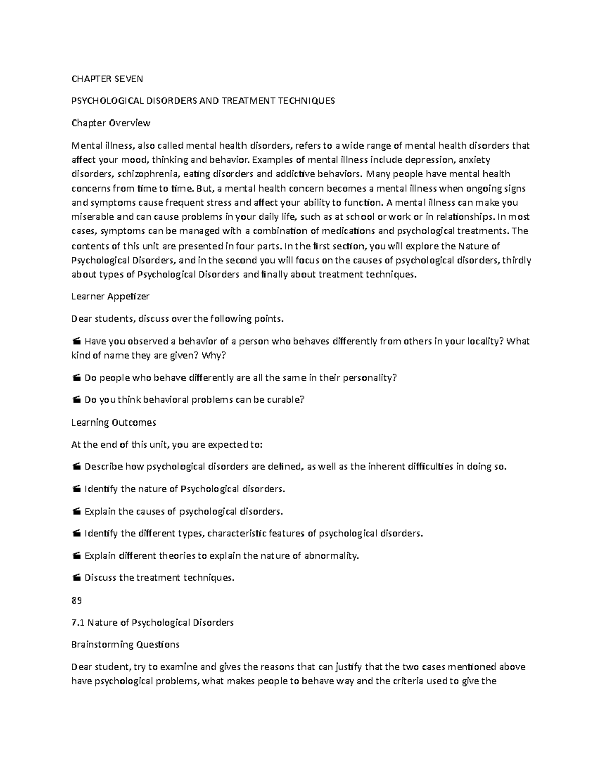 Psyc 113 Psyc 113 Notes Chapter Seven Psychological Disorders And