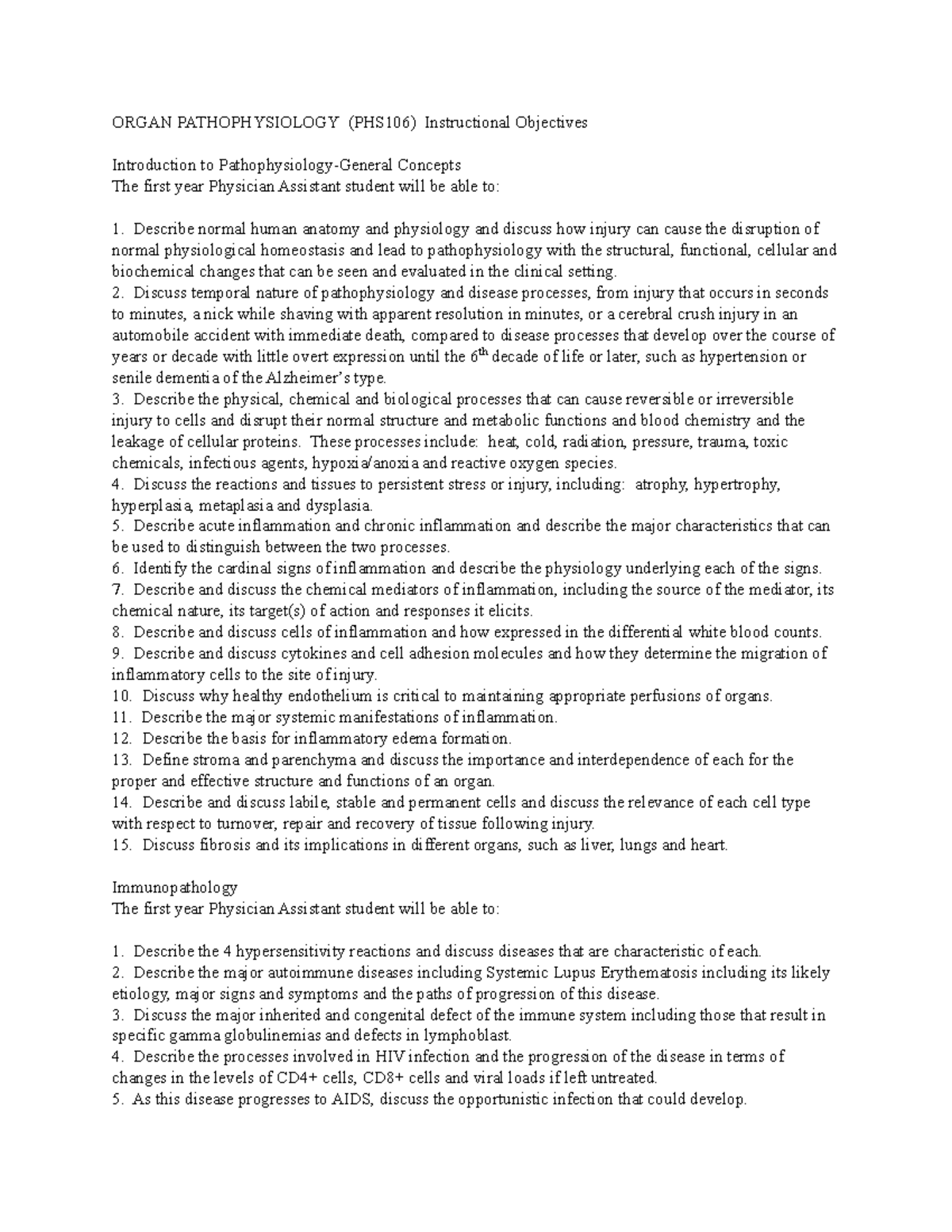 Organ Pathophysiology PHS106 Instructional Objectives Part 1 FS - ORGAN ...