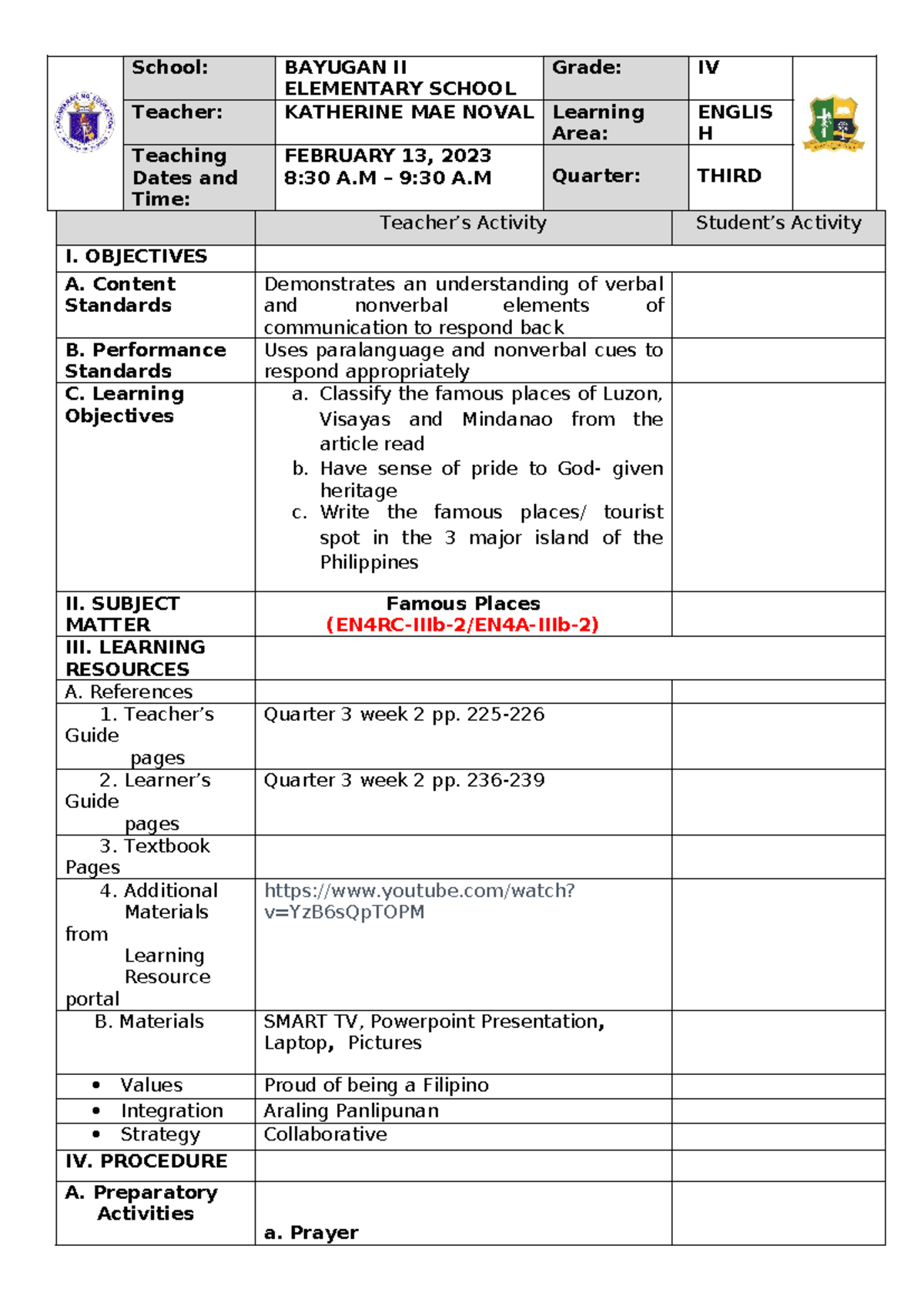 Eng 4 Famous Places - Detailed Lesson Plan - School: BAYUGAN II ...