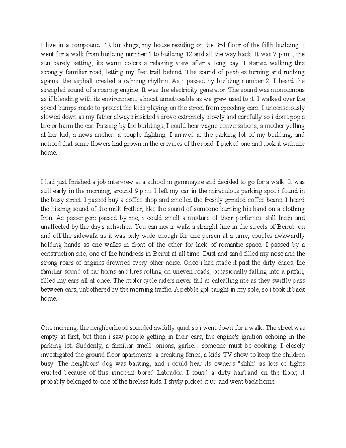 Psychogeographic writing - I live in a compound: 12 buildings, my house ...