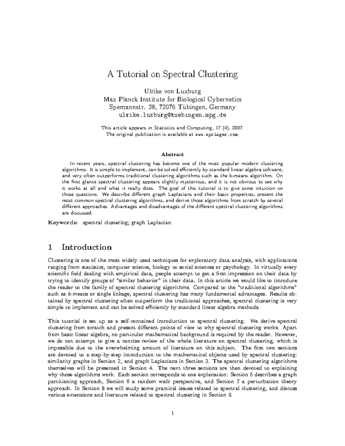 A tutorial on spectral clustering - 38, 72076 ubingen, Germany This ...
