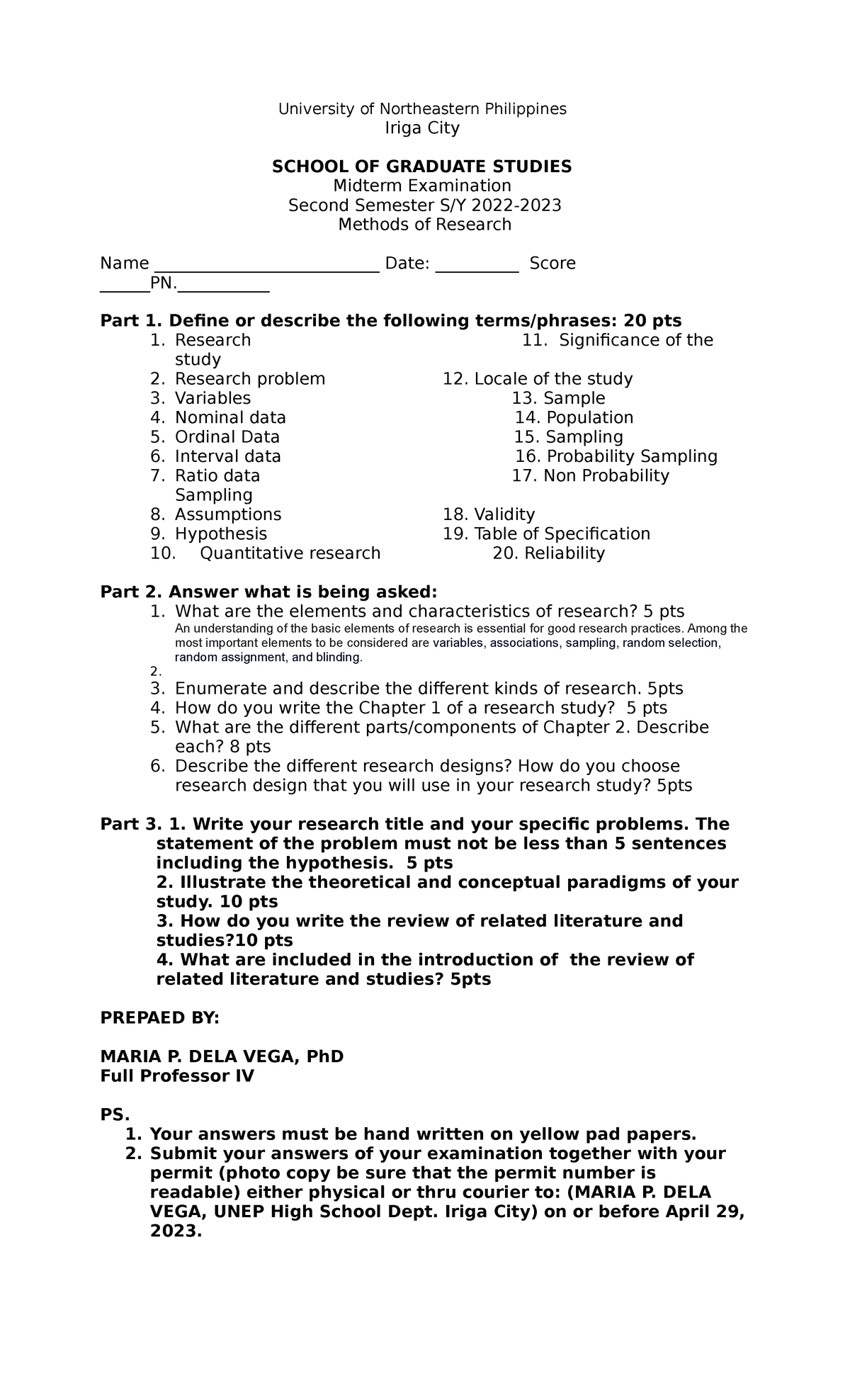 Midterm Exam in Methods of Research - University of Northeastern ...