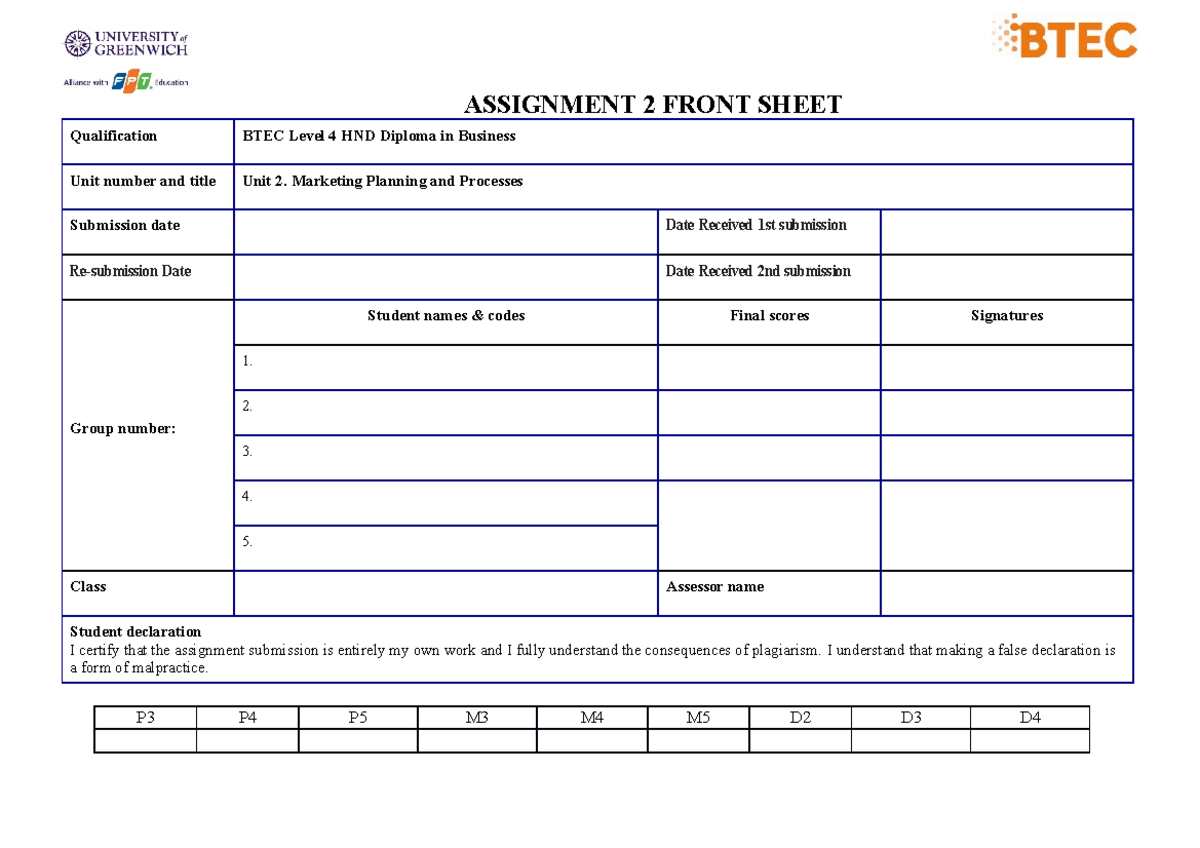 5033 - Assignment 2 Frontsheet - ASSIGNMENT 2 FRONT SHEET Qualification BTEC Level 4 HND Diploma ...