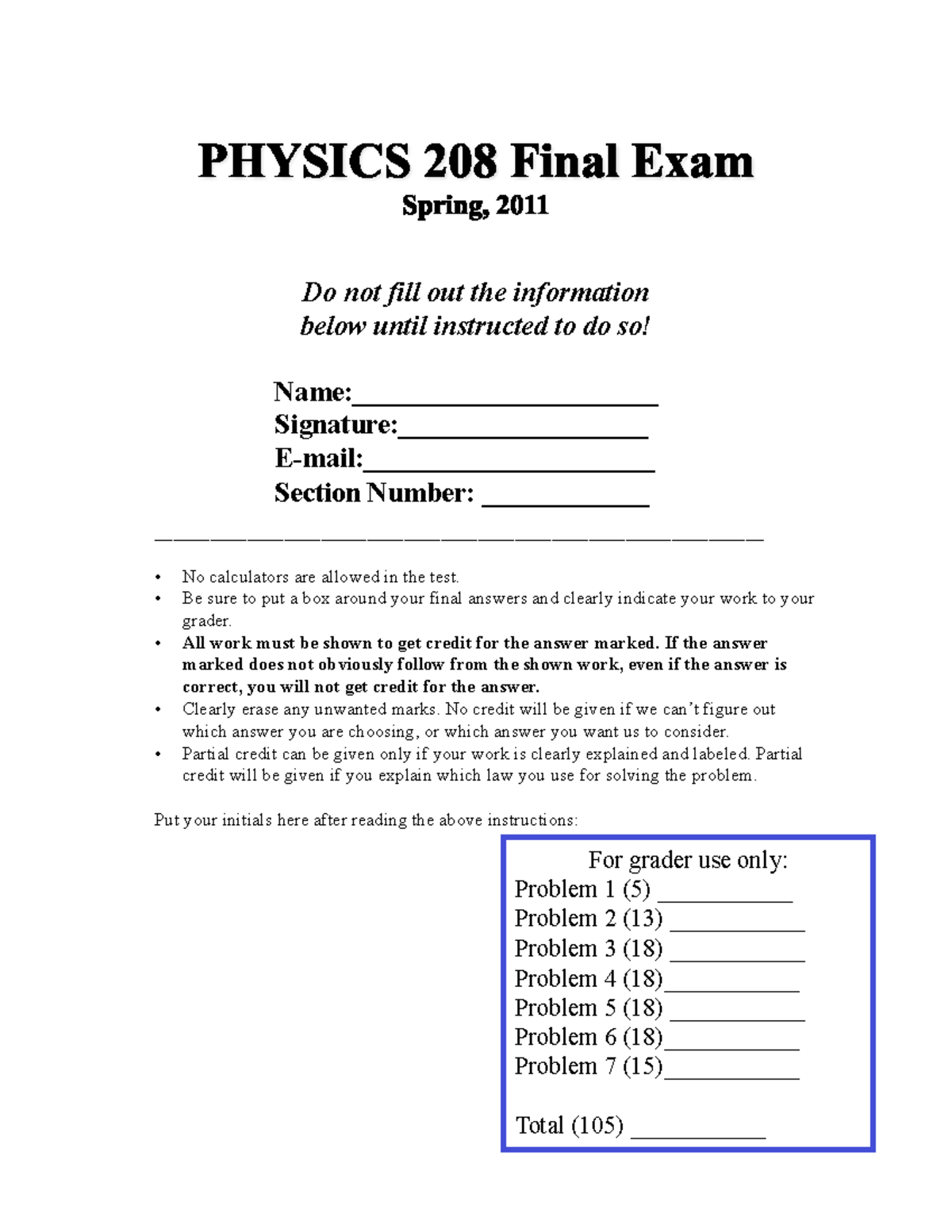 PHYS 208 Final exam ...