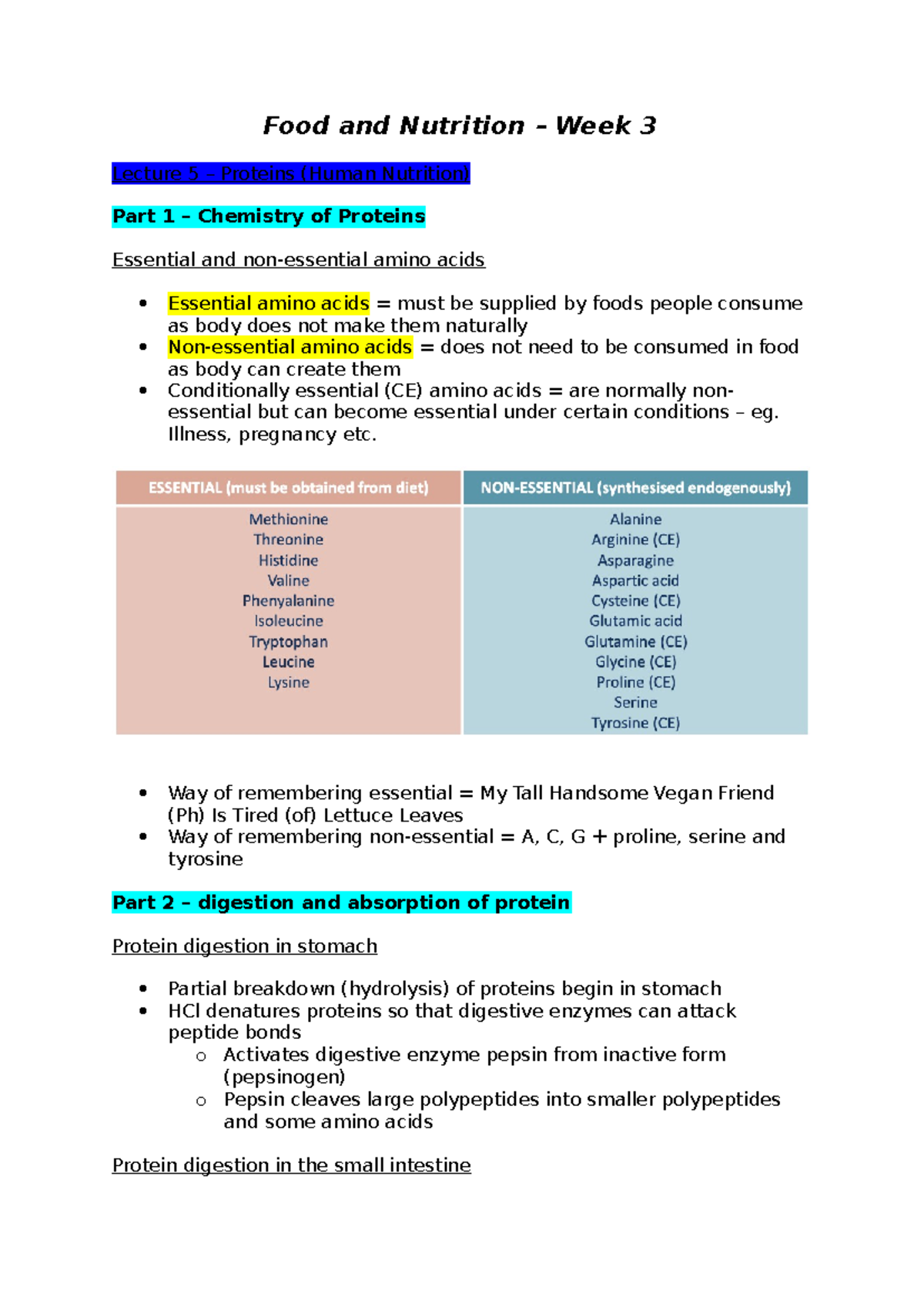 Week 3 Notes - Food and Nutrition – Week 3 Lecture 5 – Proteins (Human ...