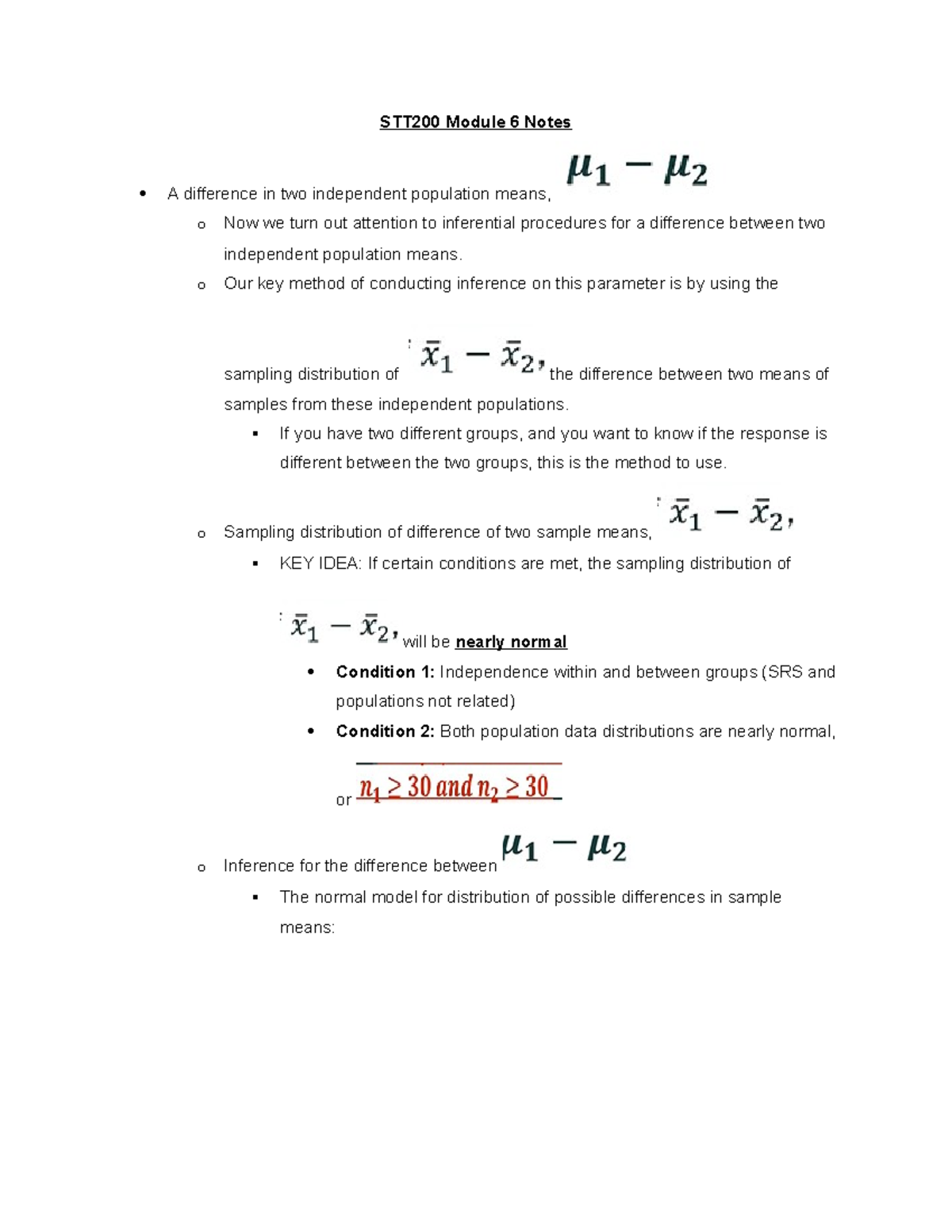 STT200 Module 6 Notes - STT200 Module 6 Notes A difference in two ...