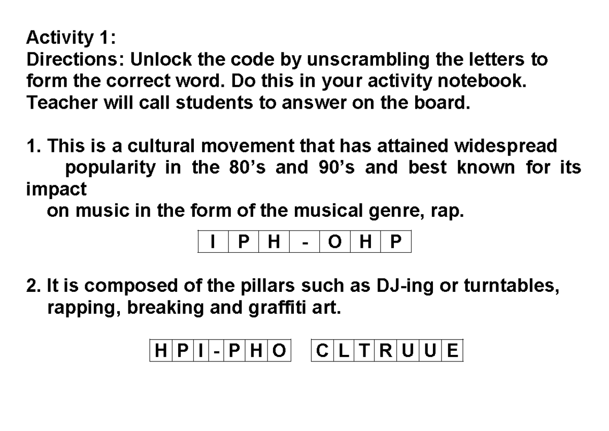 Activity 1 COT - Activity 1: Directions: Unlock the code by ...