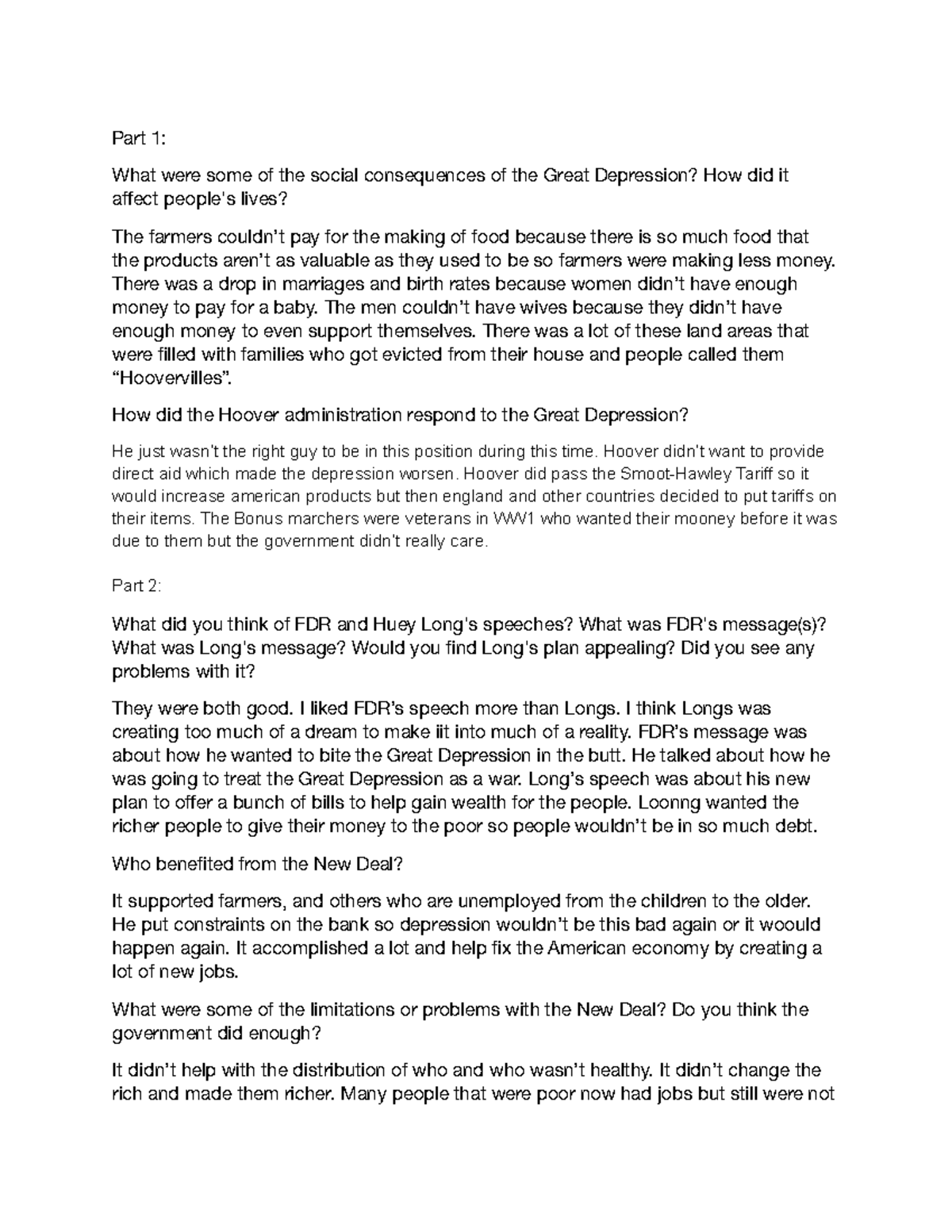 History Discussion 10 - Part 1: What were some of the social ...