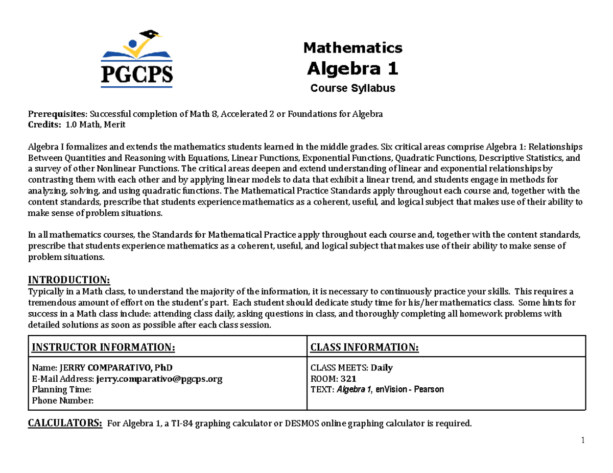 Algebra 1 Syllabus - sfssf - Mathematics Algebra 1 Course Syllabus ...