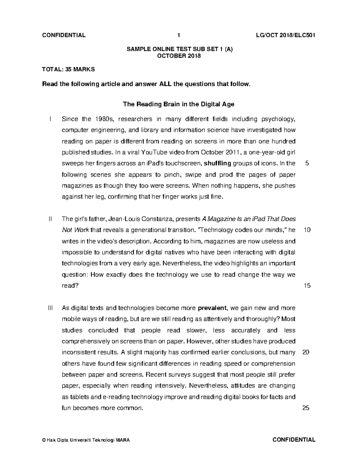 Document 21 - SAMPLE ONLINE TEST SUB SET 1 (A) OCTOBER 2018 TOTAL: 35 ...