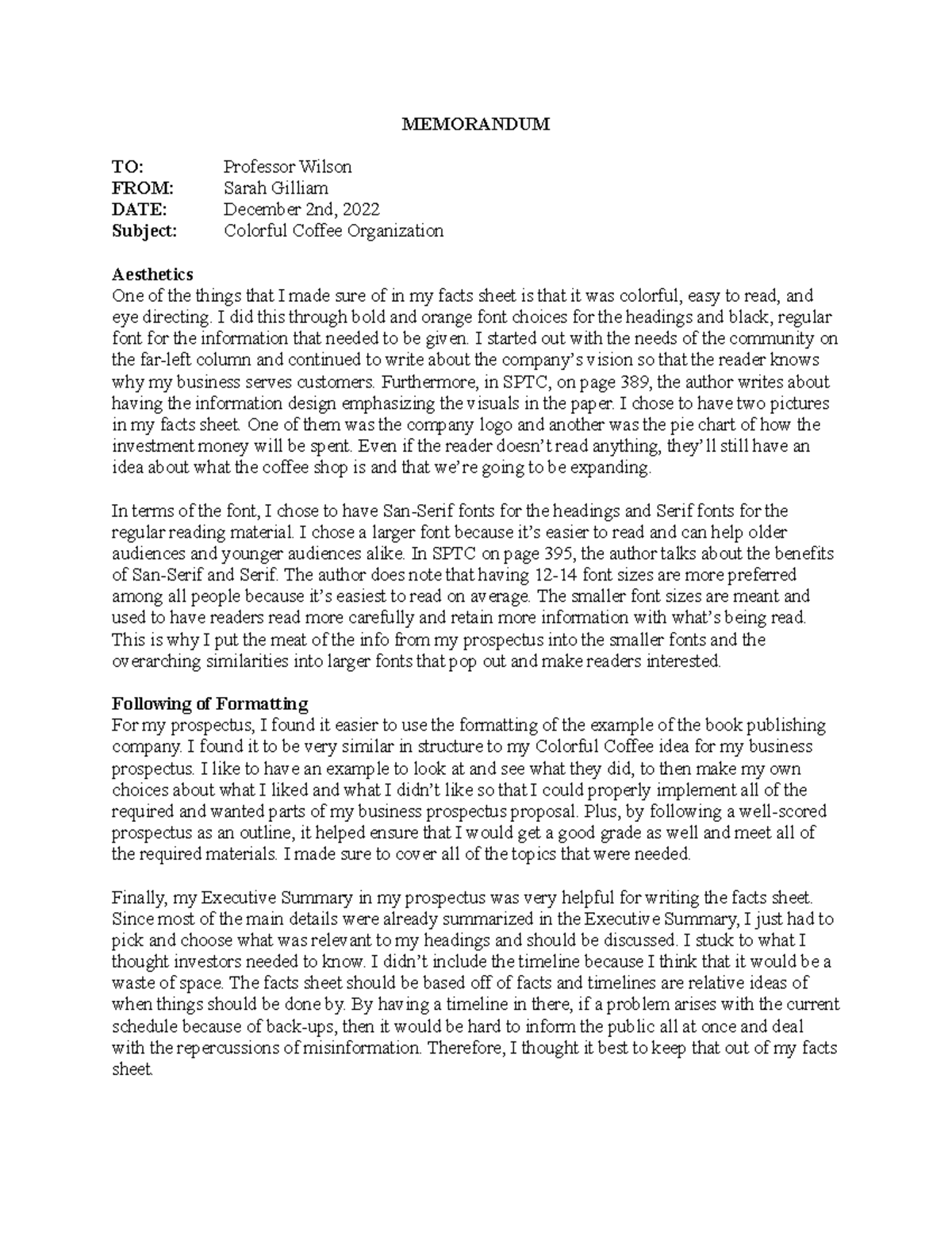 Memo for Business Prospectus Proposal - MEMORANDUM TO: Professor Wilson ...