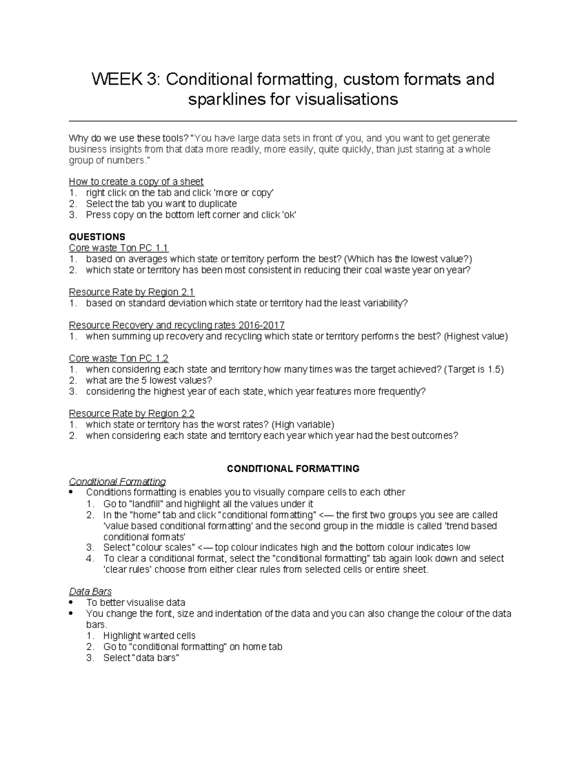 Week 3 - Excel lecture - WEEK 3: Conditional formatting, custom formats and sparklines for - Studocu