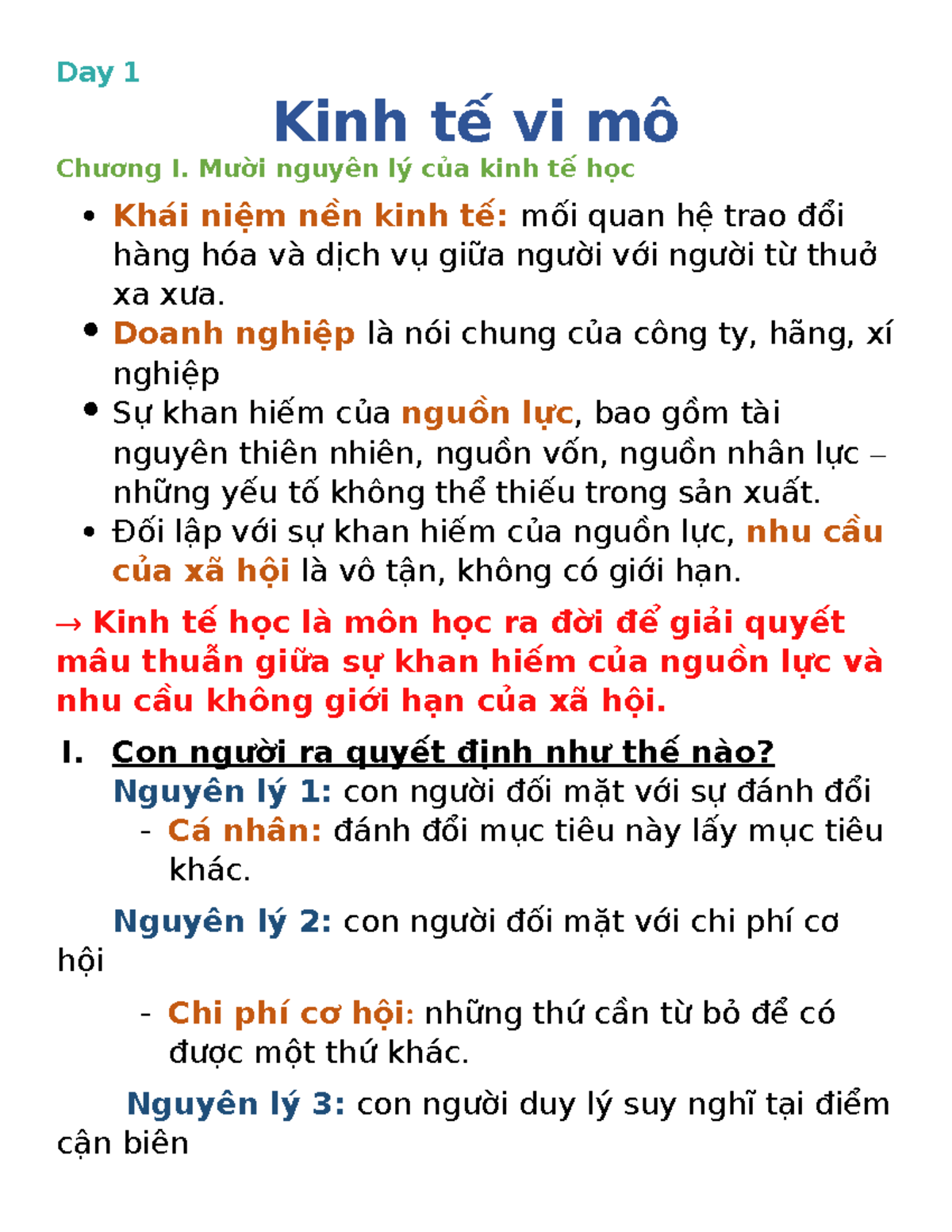 Day 1 - note c1 ktvm - Day 1 Kinh tế vi mô Chương I. Mười nguyên lý của kinh tế học Khái niệm ...