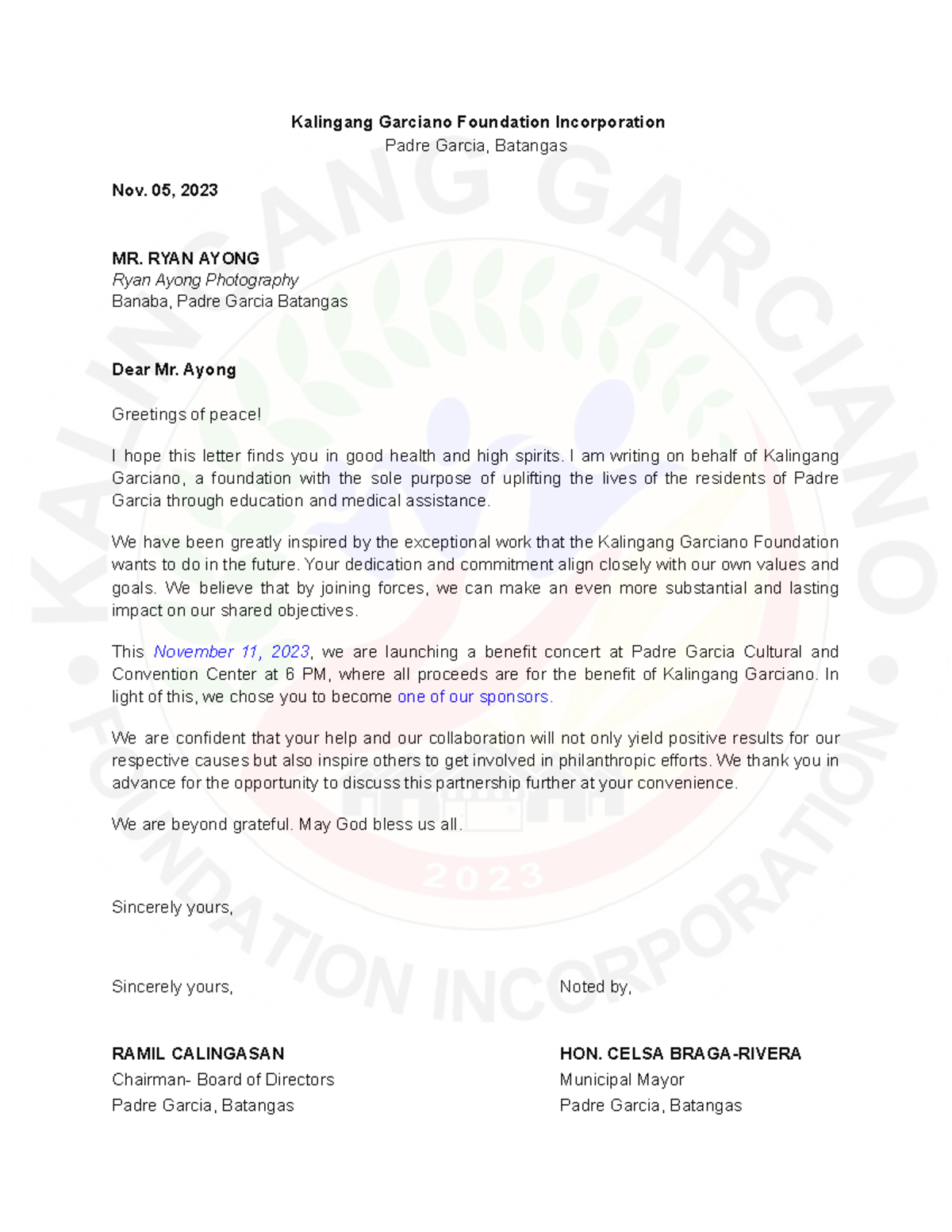 KGFi Sponsorship Letter - Kalingang Garciano Foundation Incorporation ...