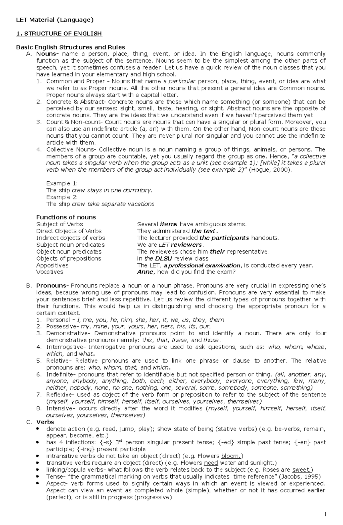 LET English Major Language - LET Material (Language) STRUCTURE OF ENGLISH Basic English ...