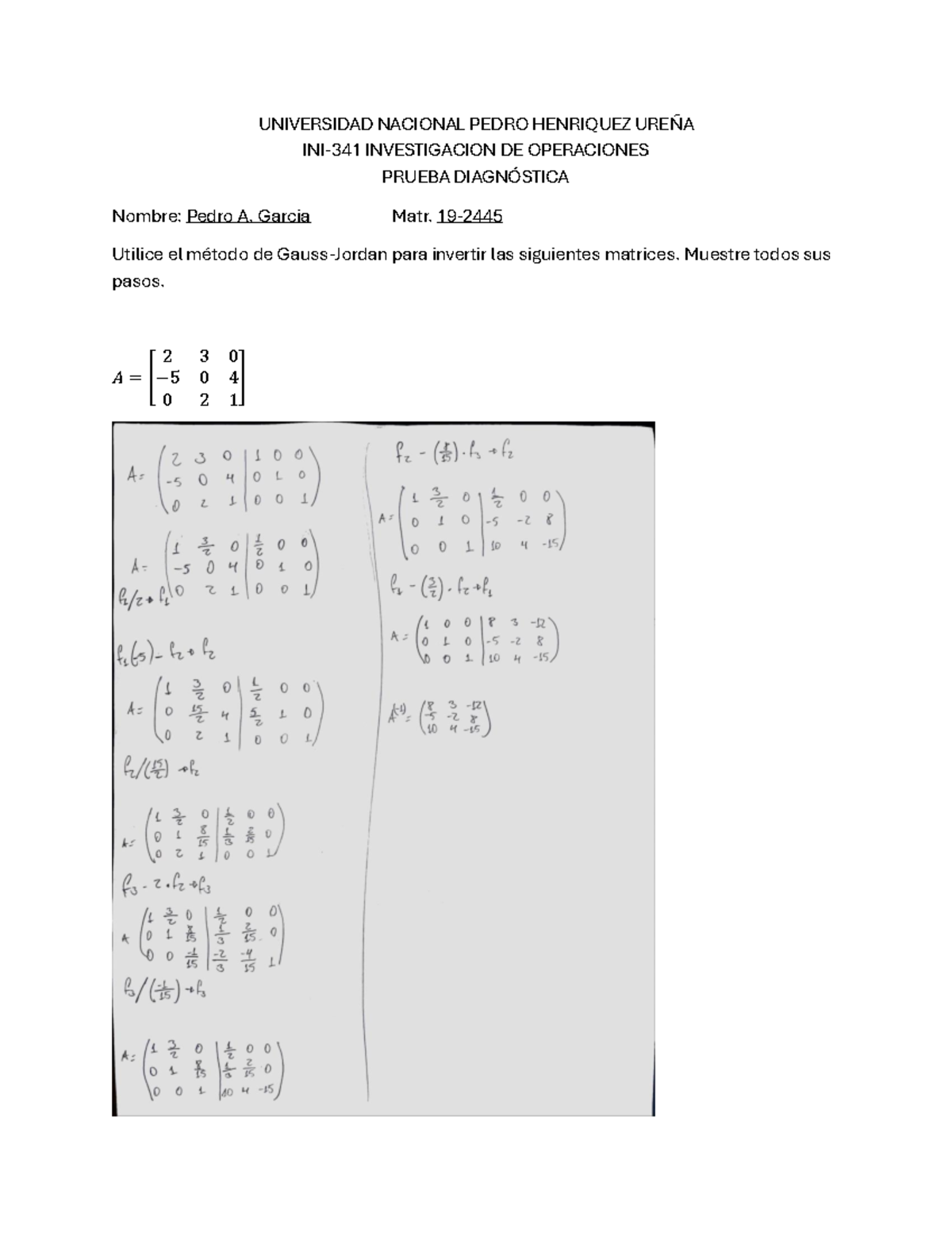 Prueba diagnostica - Ejercicios de matrices - Investigacion de ...