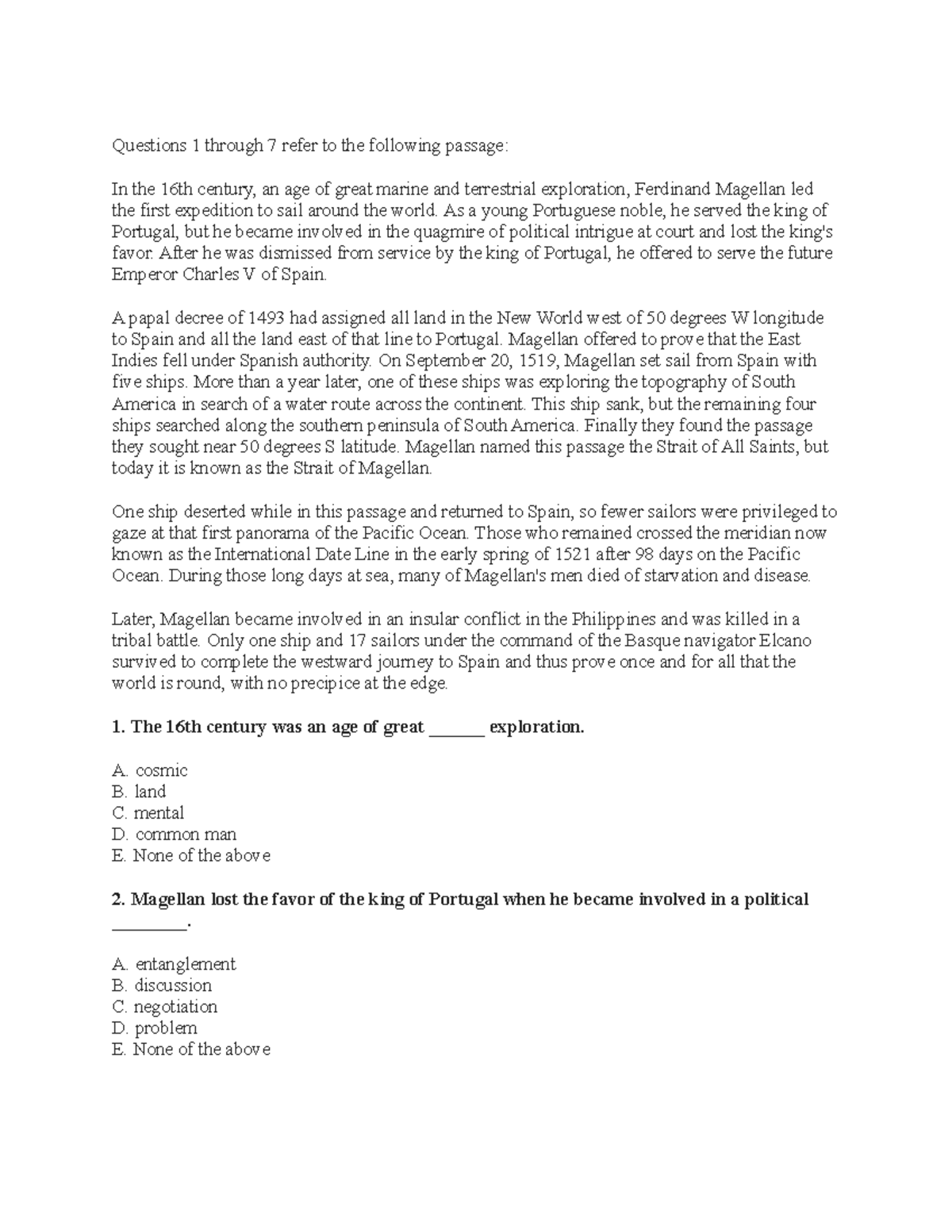 Reading Comprehension English Questions 1 Through 7 Refer To The