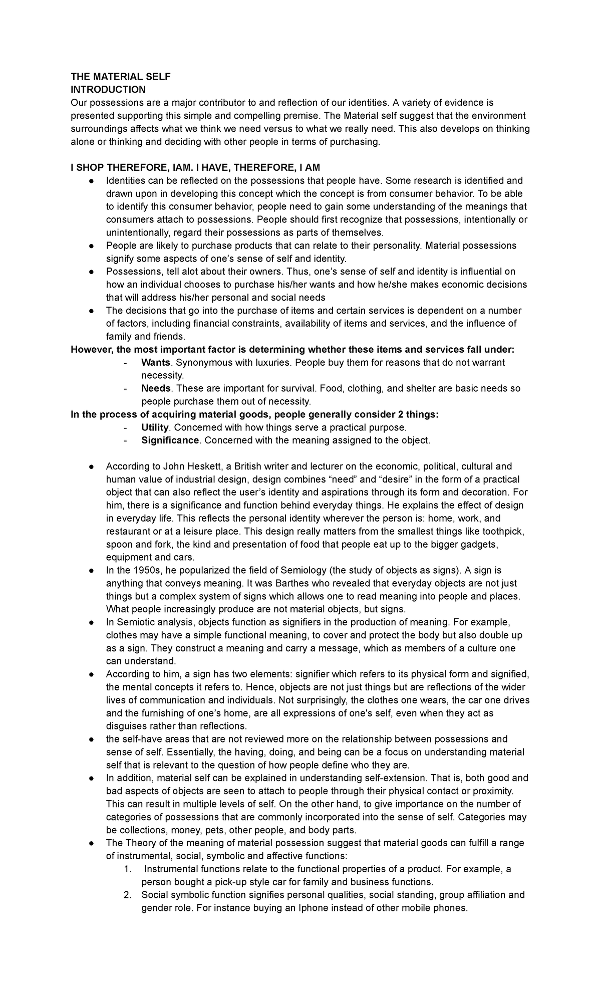 Uts-reviewer - THE MATERIAL SELF INTRODUCTION Our possessions are a ...