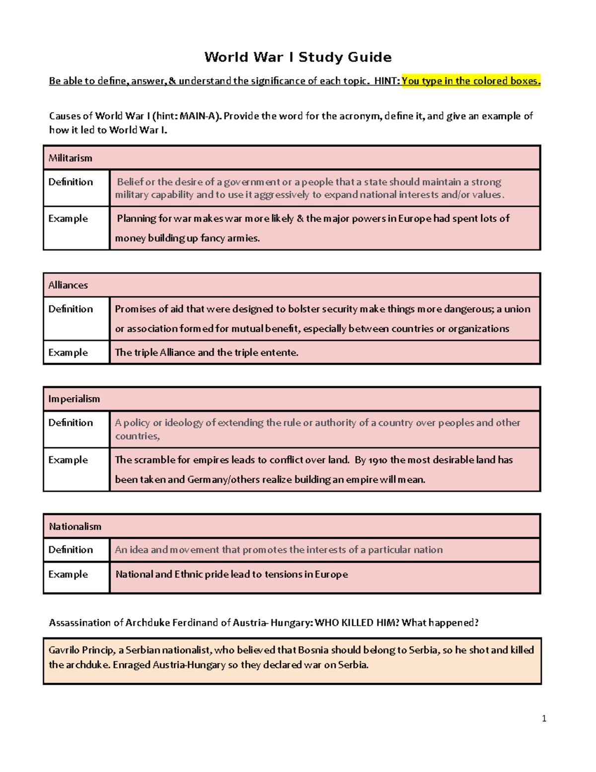. WWI study guide - World War I Study Guide Be able to define, answer ...